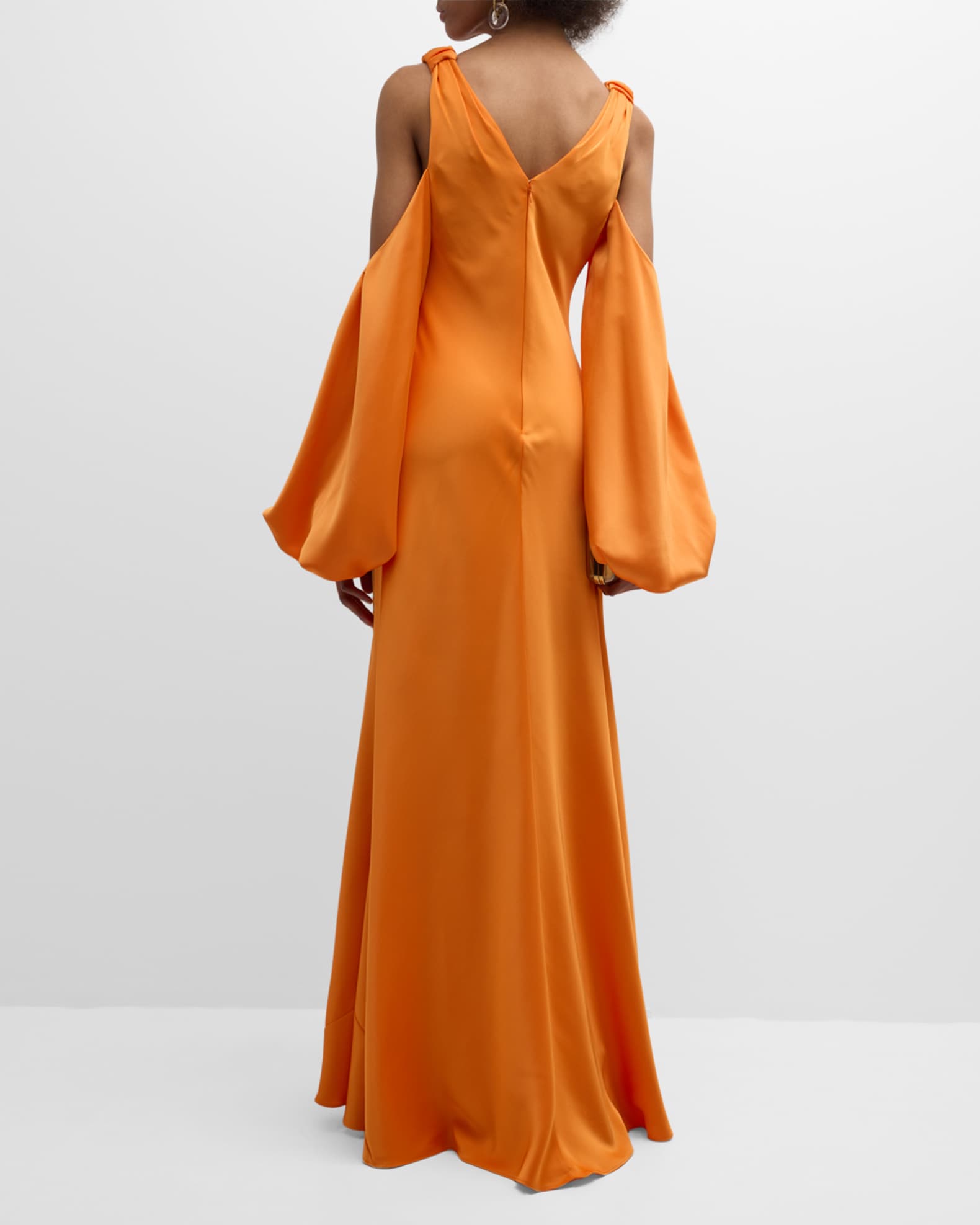 Halston Binnie Cold-Shoulder Balloon-Sleeve Satin Gown | Neiman Marcus