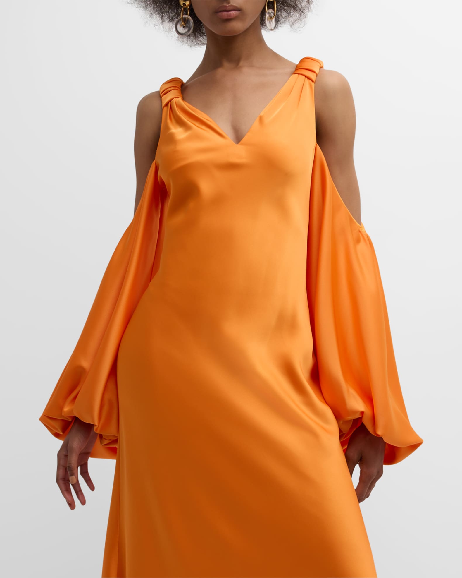 Halston Binnie Cold-Shoulder Balloon-Sleeve Satin Gown | Neiman Marcus
