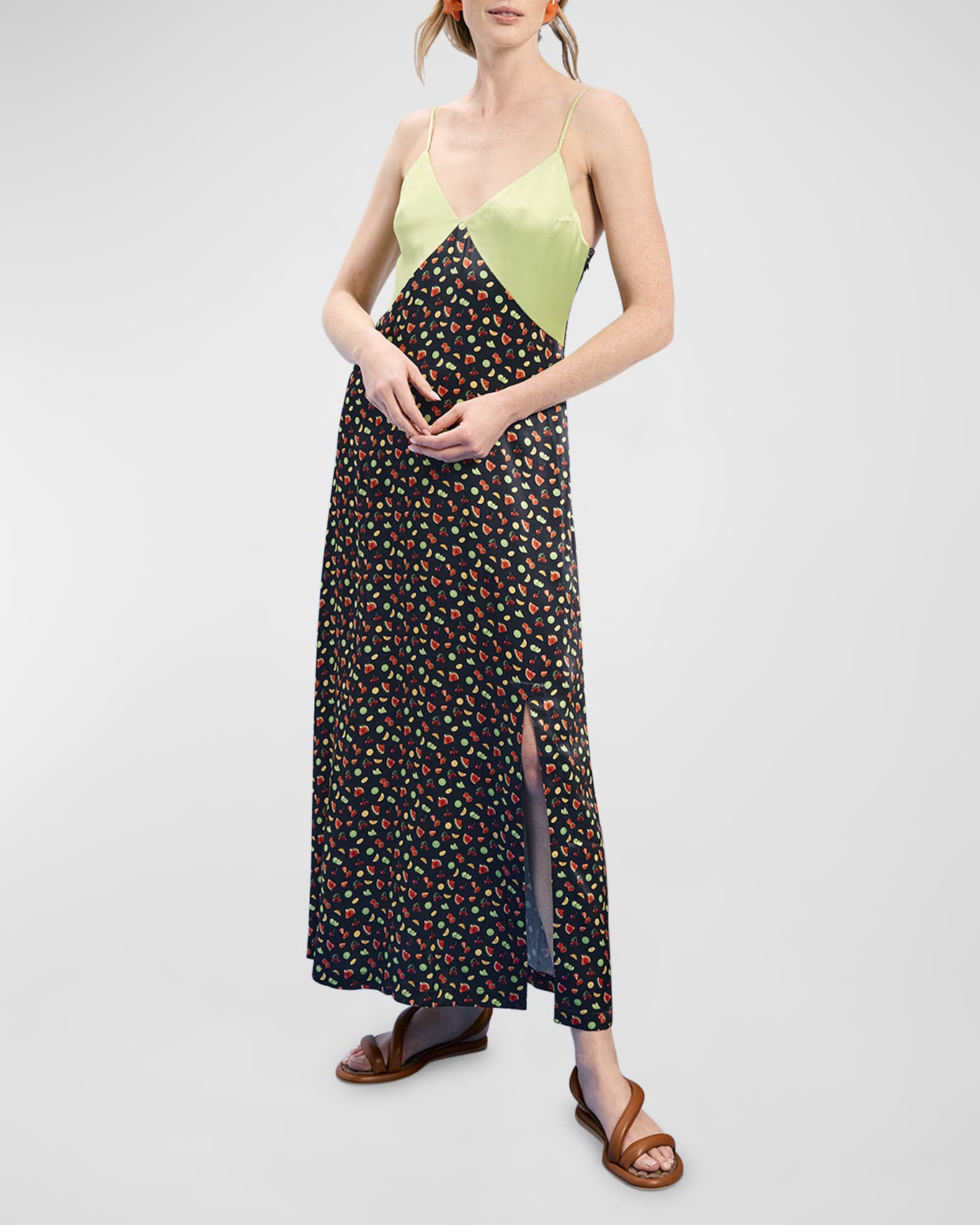 Terez Fruit Salad Colorblock Silky V-Neck Dress | Neiman Marcus