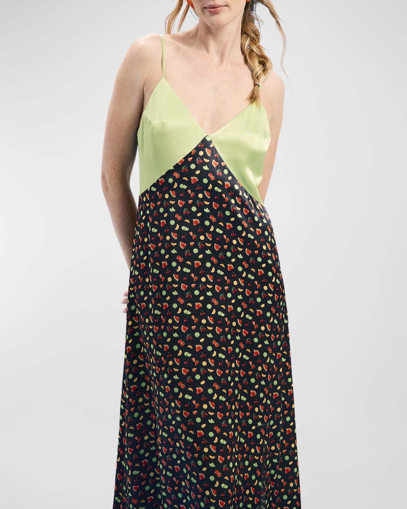 Terez Fruit Salad Colorblock Silky V-Neck Dress | Neiman Marcus
