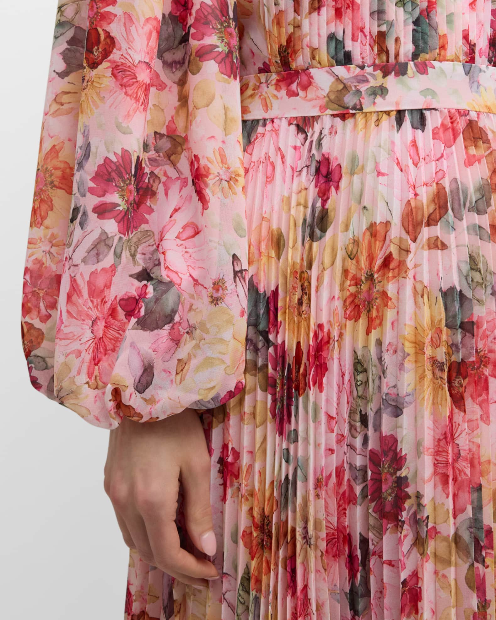 Elie Tahari The Cecilia Pleated Floral-Print Midi Dress | Neiman Marcus