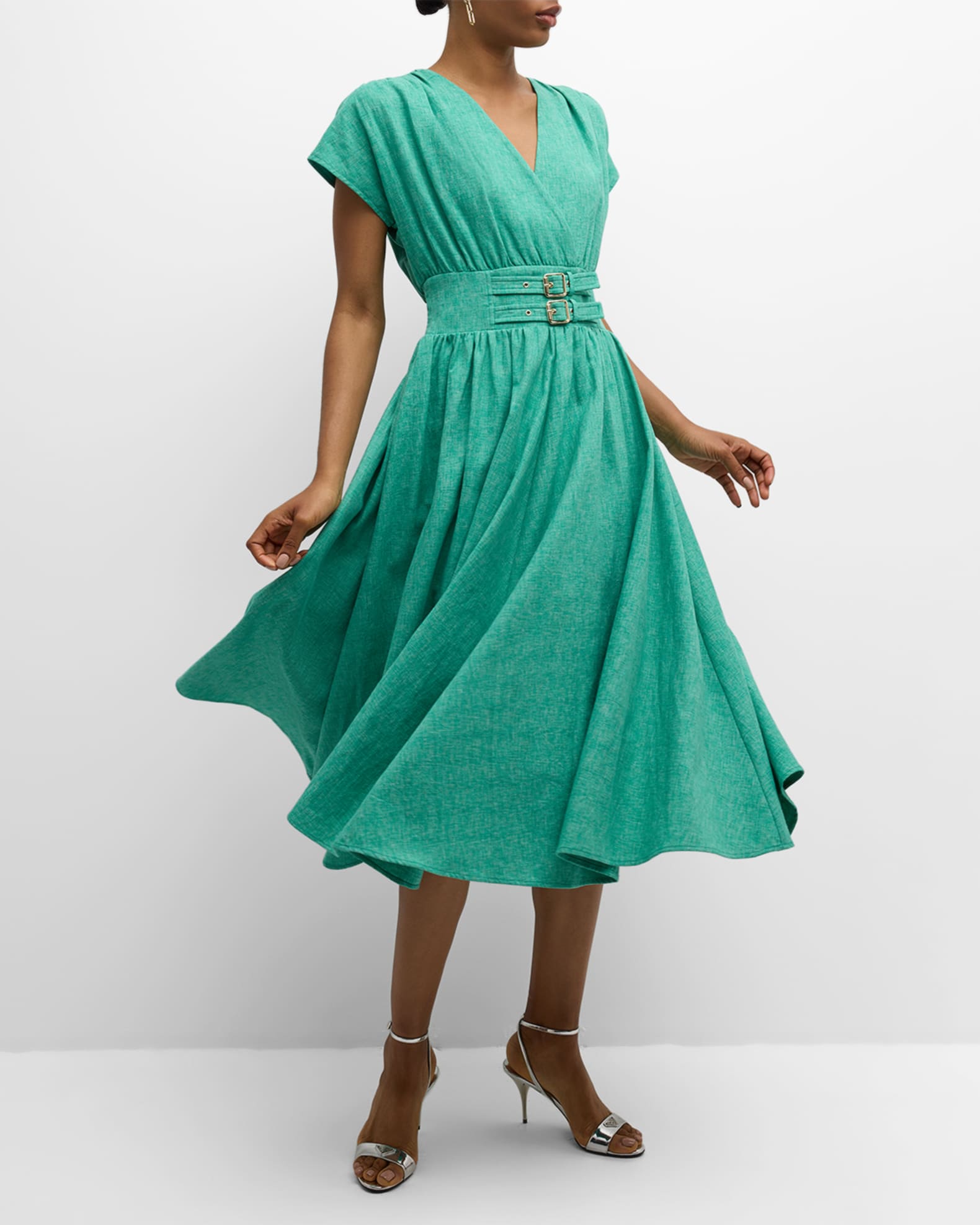 Elie Tahari The Romina Buckle-Embellished A-Line Midi Dress | Neiman Marcus