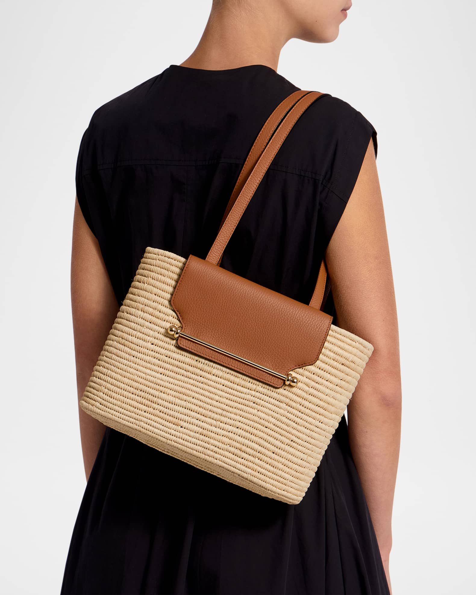 STRATHBERRY Basket Raffia & Leather Shoulder Bag | Neiman Marcus