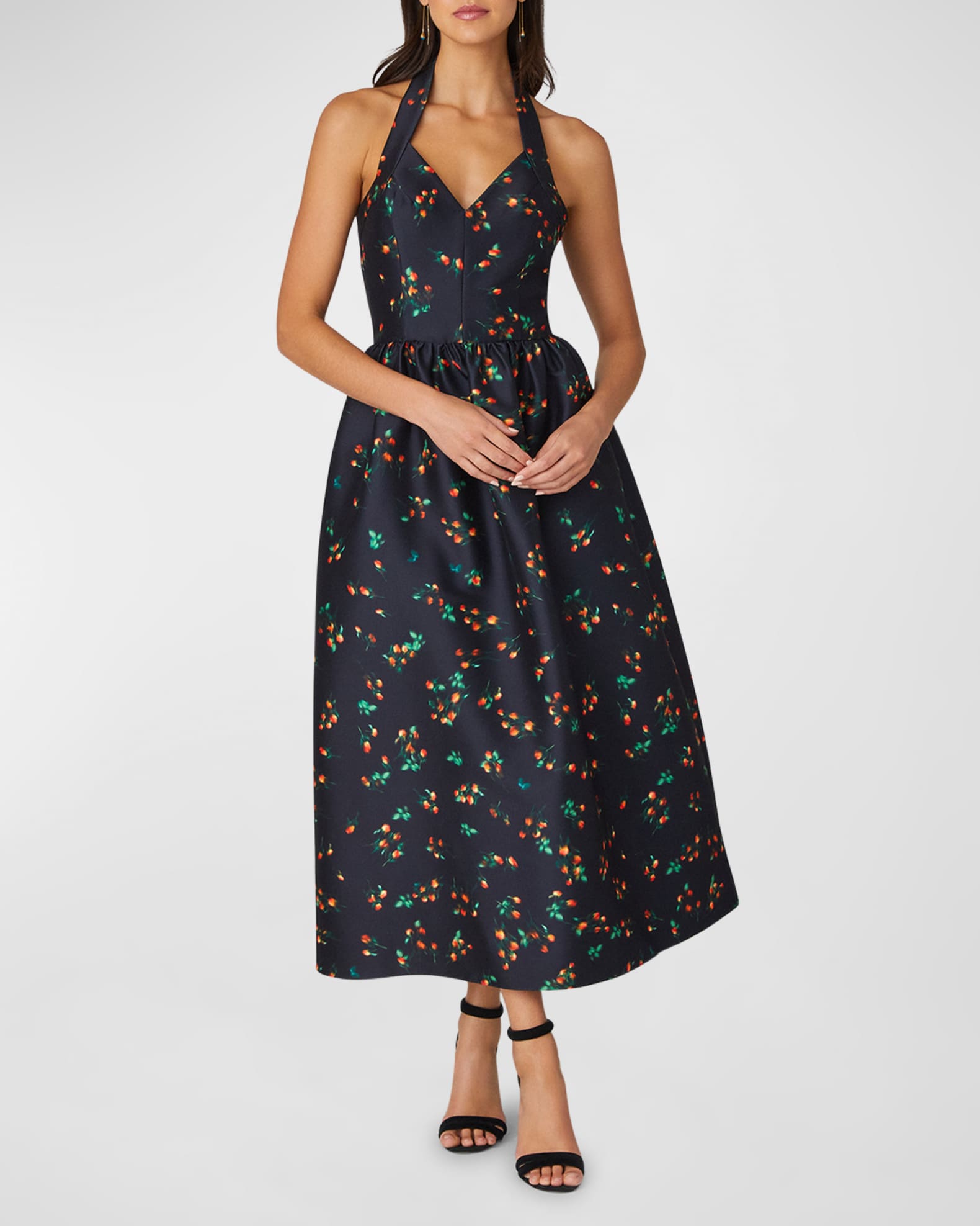 Shoshanna Floral-Print Mikado Halter Midi Dress | Neiman Marcus