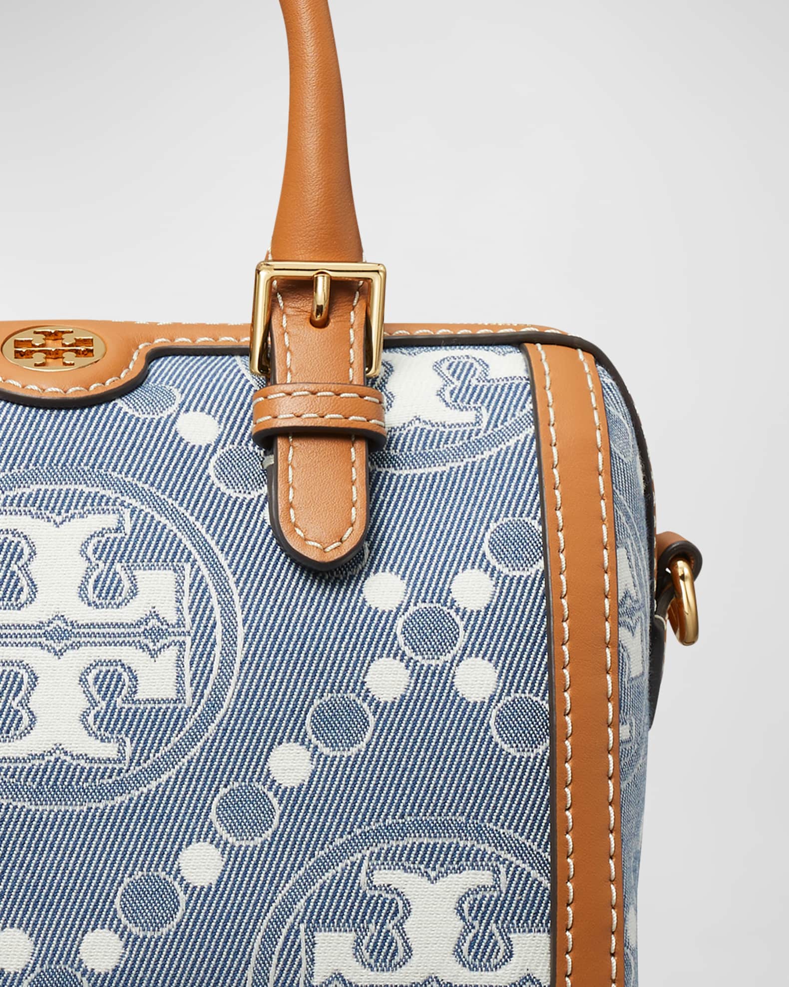 Tory Burch T Monogram Petite Denim Barrel Top-Handle Bag | Neiman Marcus