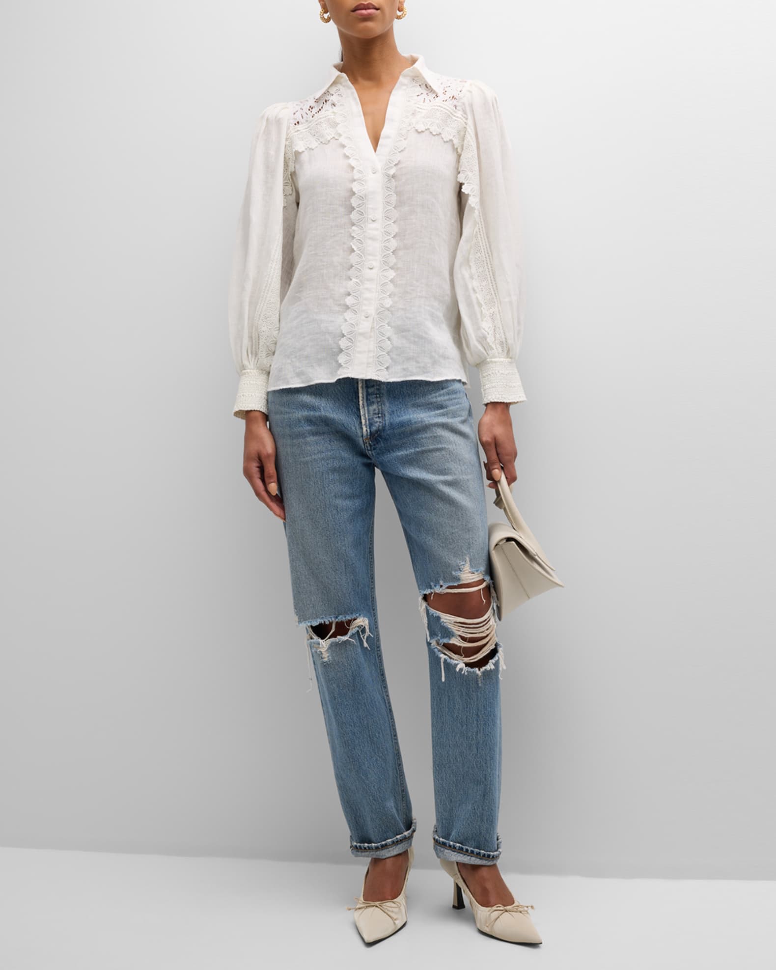 Alice + Olivia Venty Button-Front Linen Blouse | Neiman Marcus