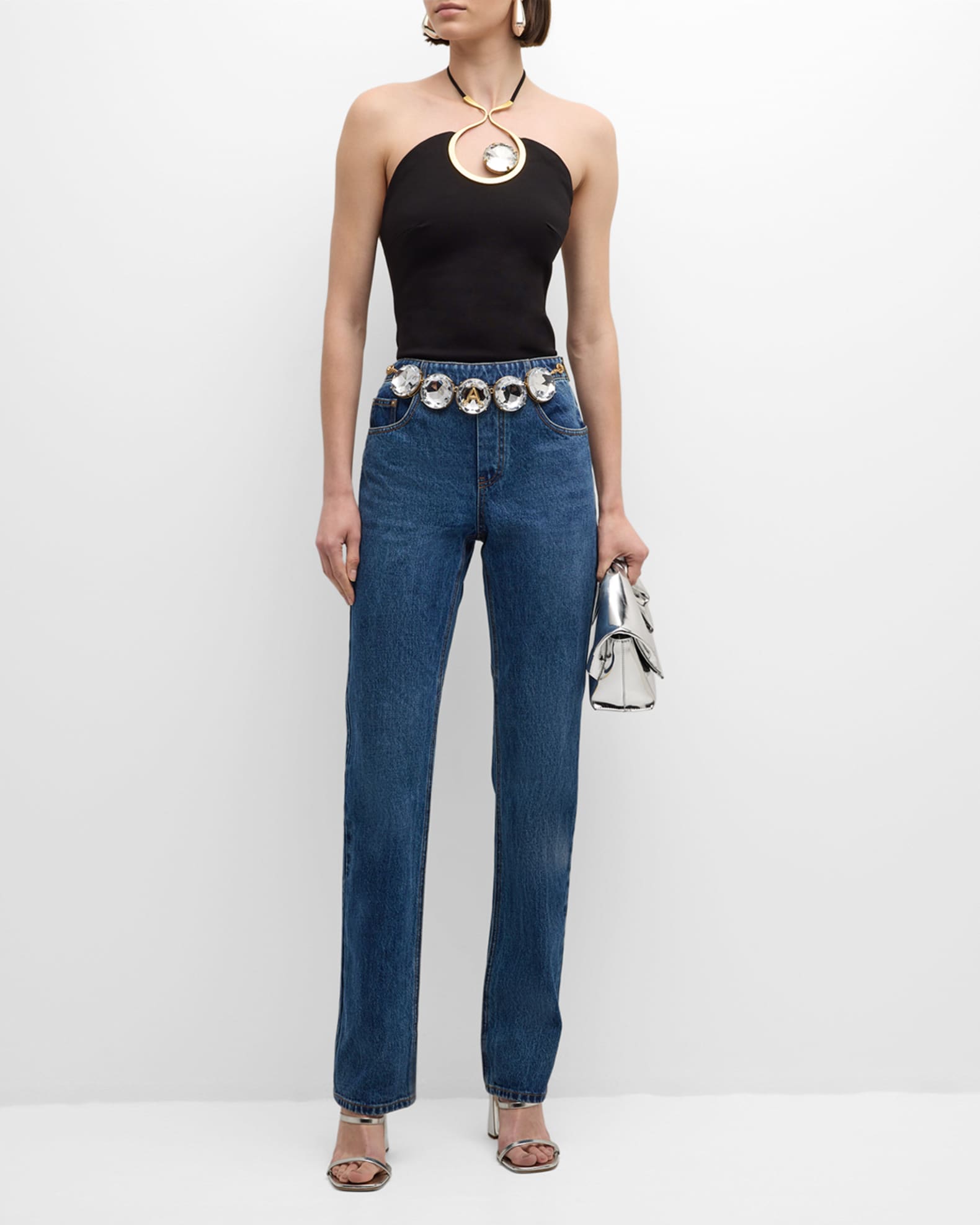 AREA Jumbo Crystal Straight Leg Jeans | Neiman Marcus