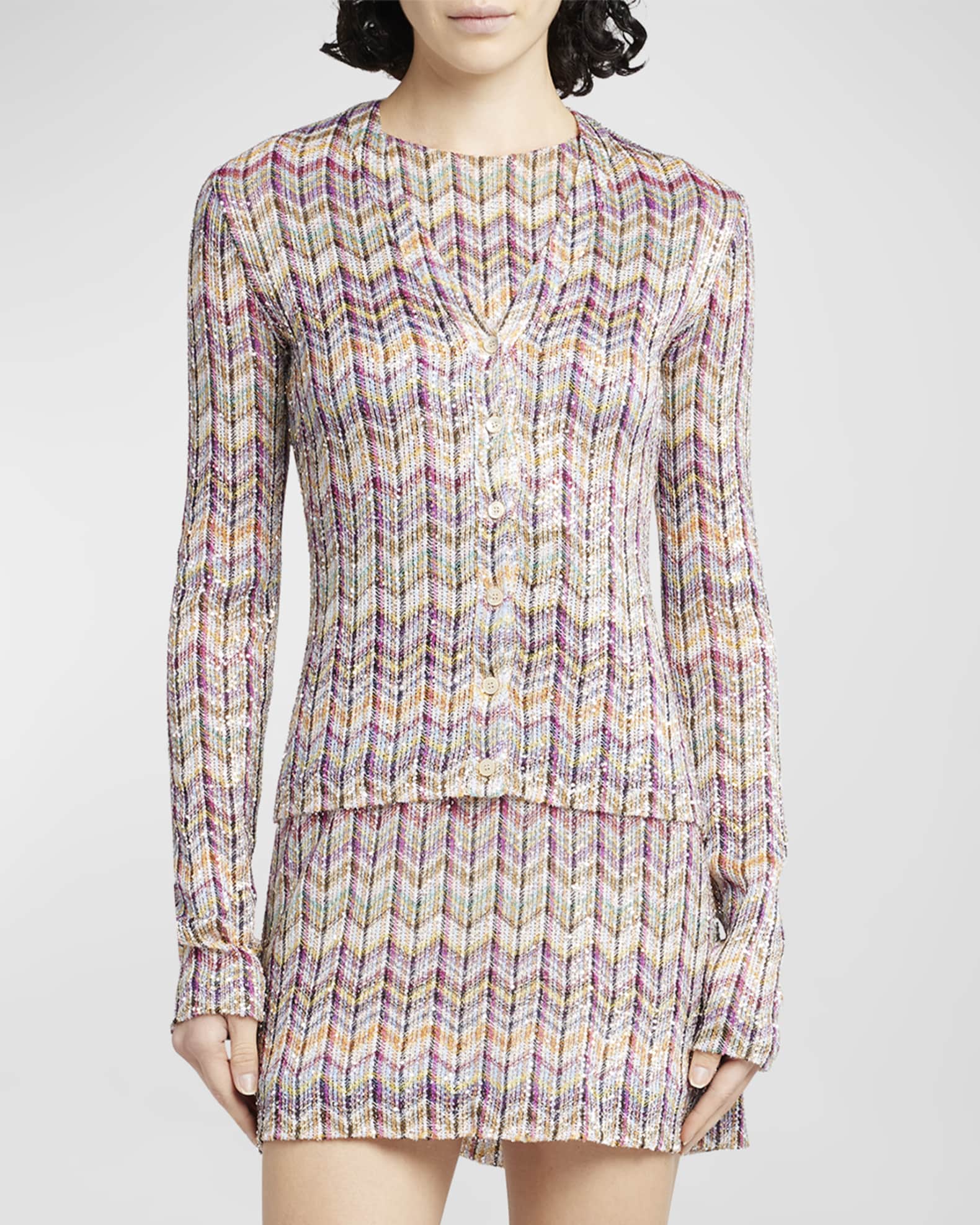 Missoni Chevron Paillette Knit V-Neck Buttoned Cardigan | Neiman Marcus