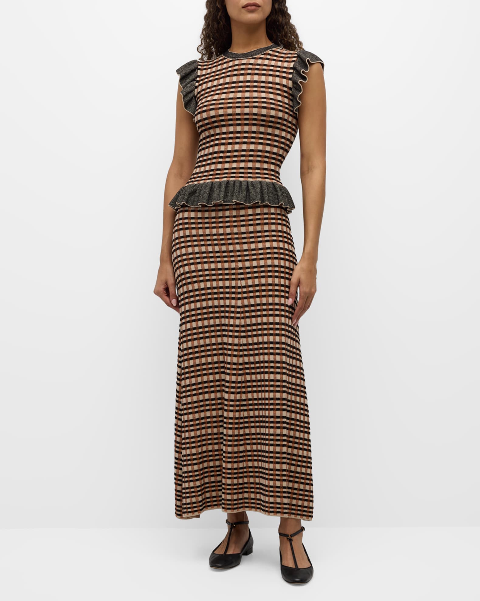 Ulla Johnson Rea Ruffled Sleeveless Check Knit Top | Neiman Marcus