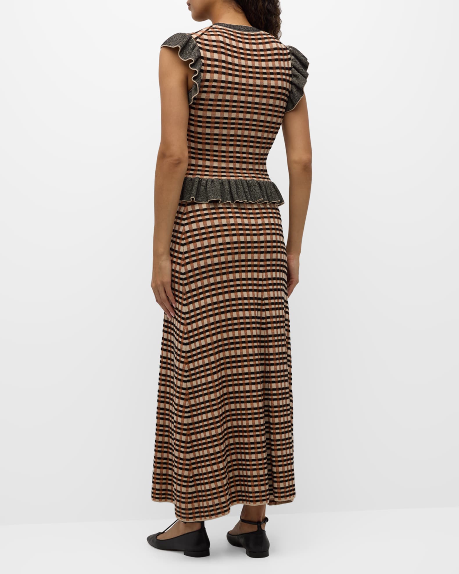 Ulla Johnson Rea Ruffled Sleeveless Check Knit Top | Neiman Marcus
