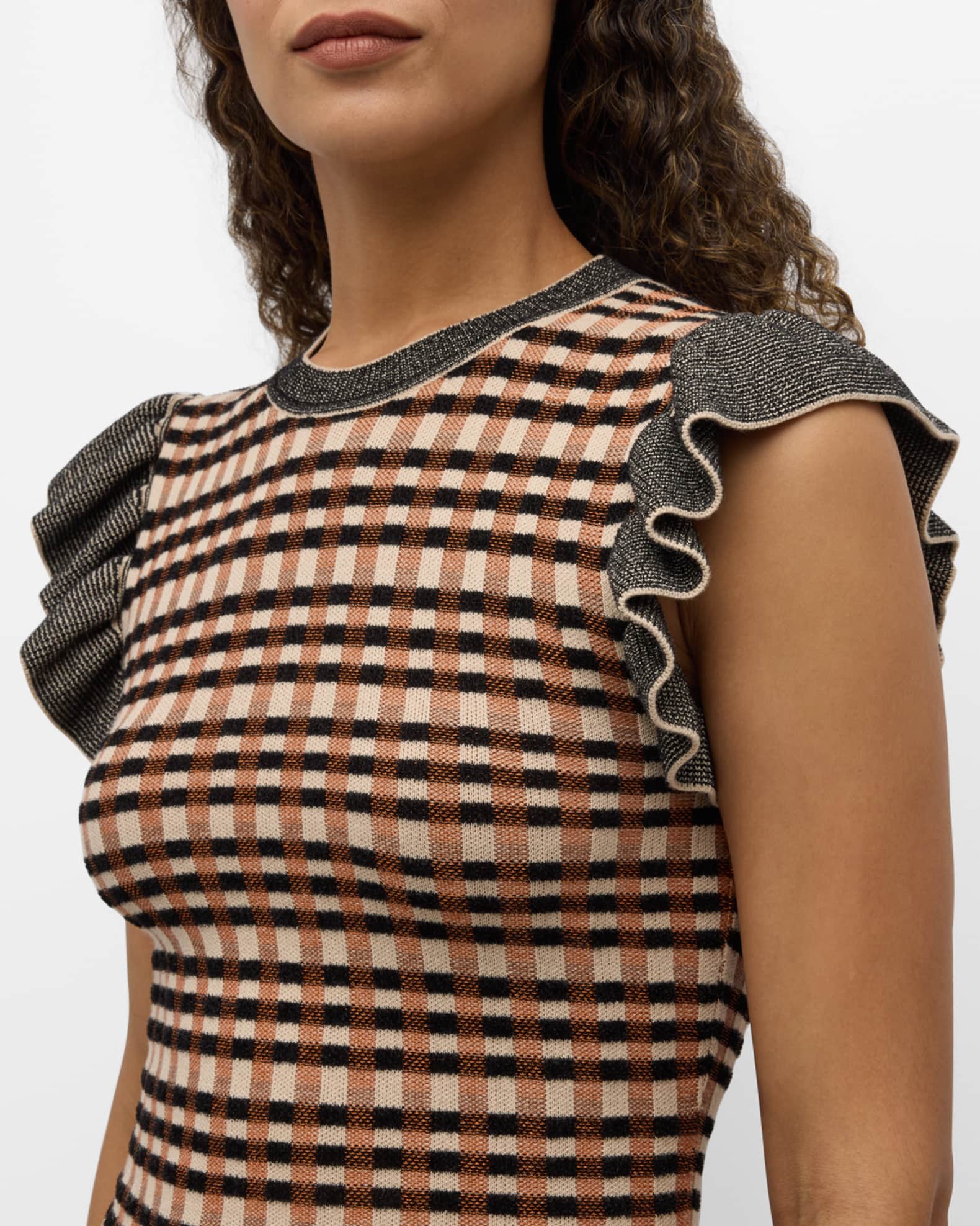 Ulla Johnson Rea Ruffled Sleeveless Check Knit Top | Neiman Marcus