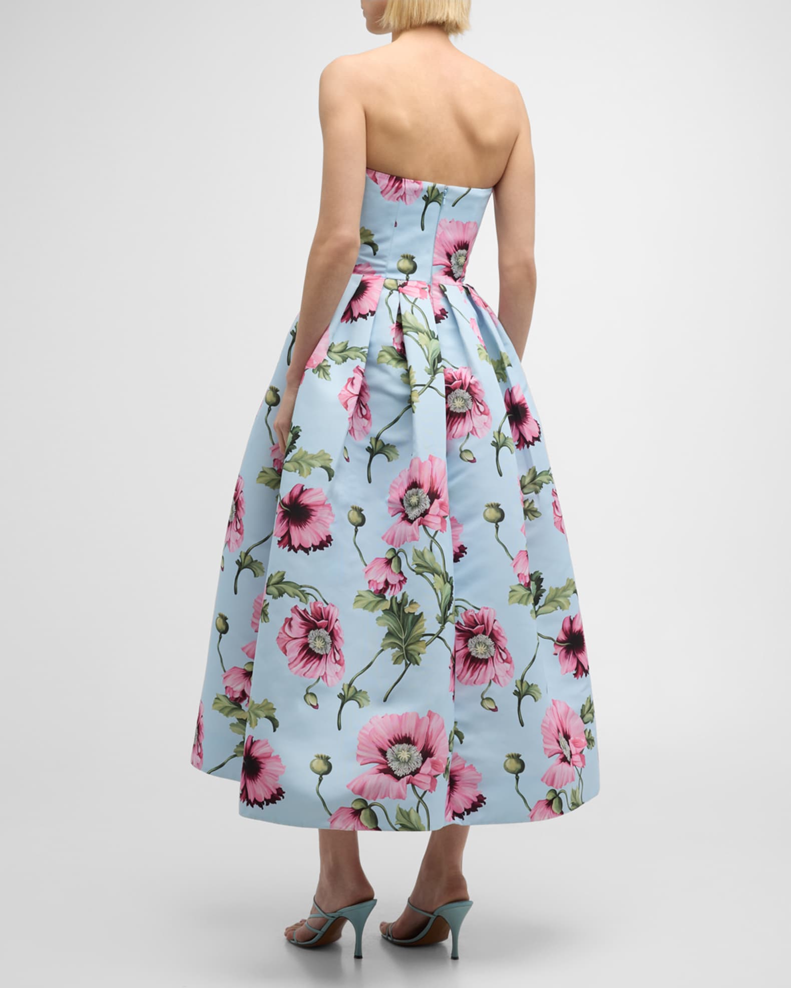 Oscar de la Renta Flower Embroidered Strapless Poppies Faille Midi ...