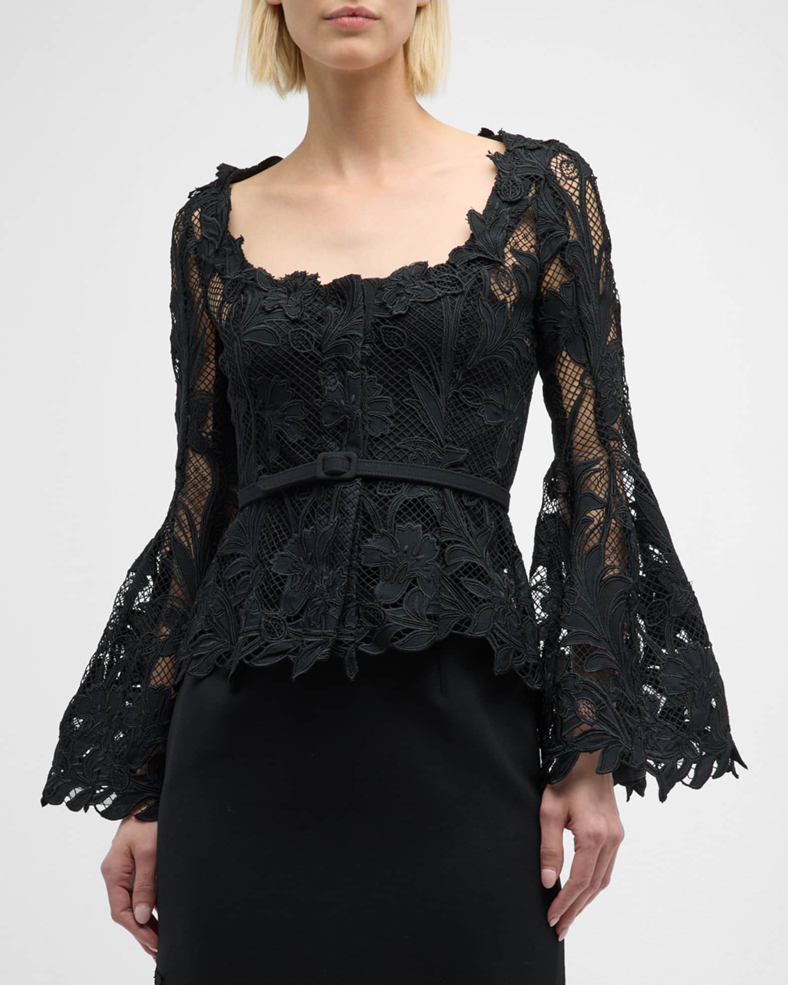 Oscar de la Renta Marbled Carnation Guipure Jacket with Belted Waist ...