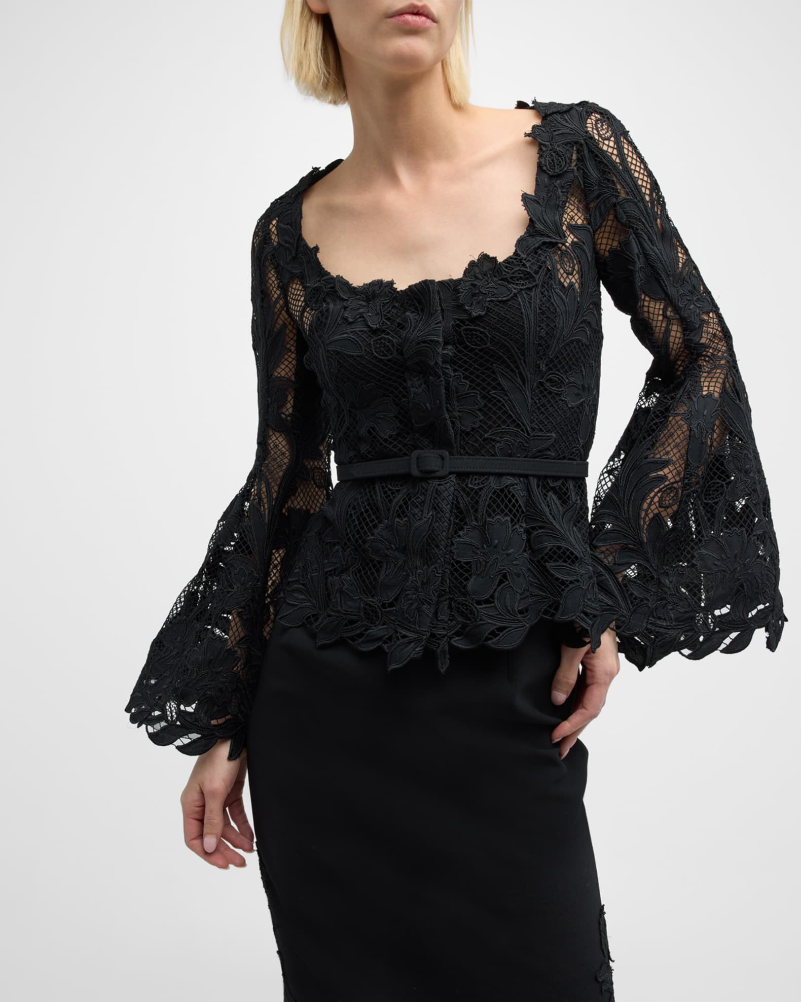 Oscar de la Renta Marbled Carnation Guipure Jacket with Belted Waist ...