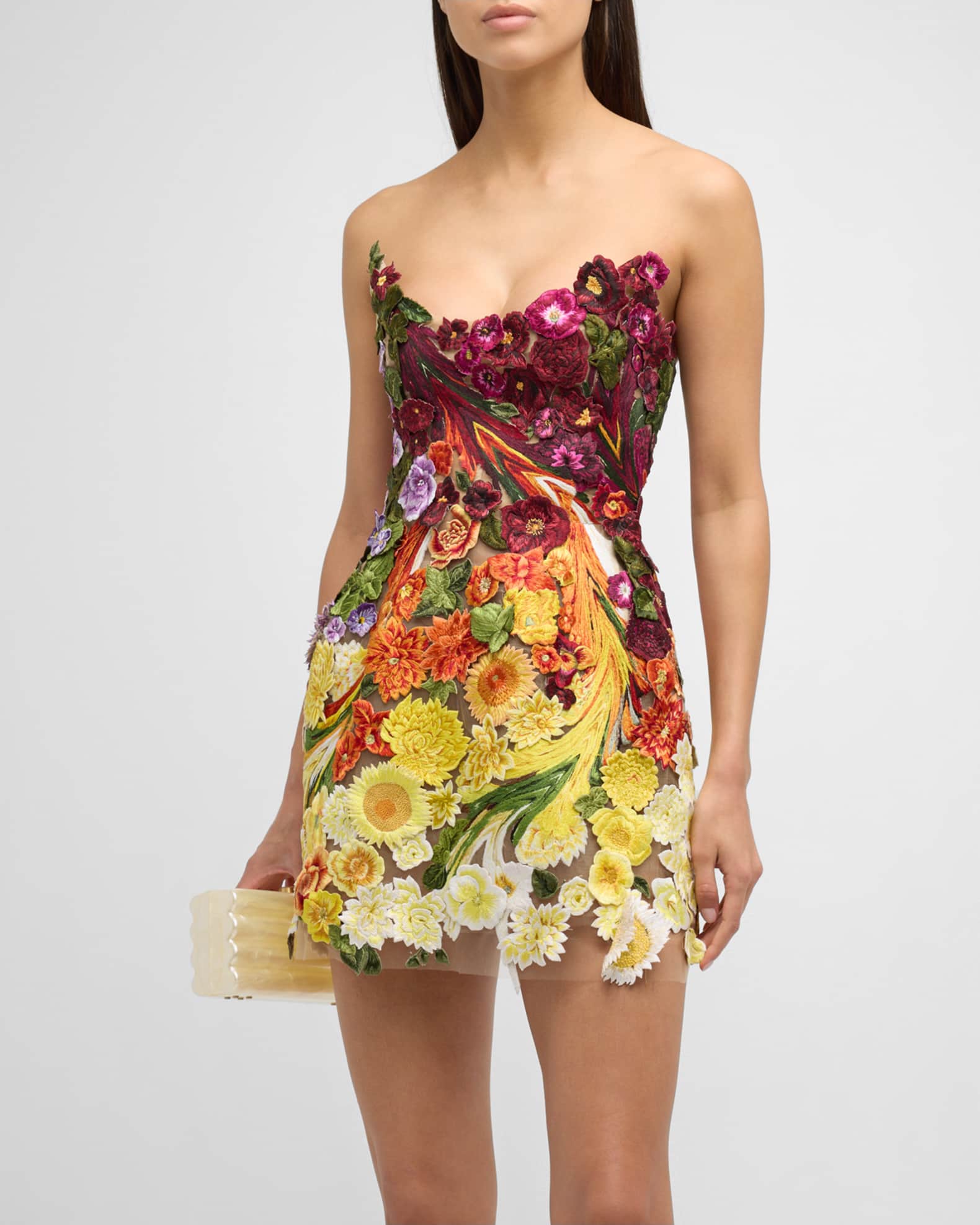 Oscar De La Renta Strapless Floral Embroidered Mini Dress Neiman Marcus
