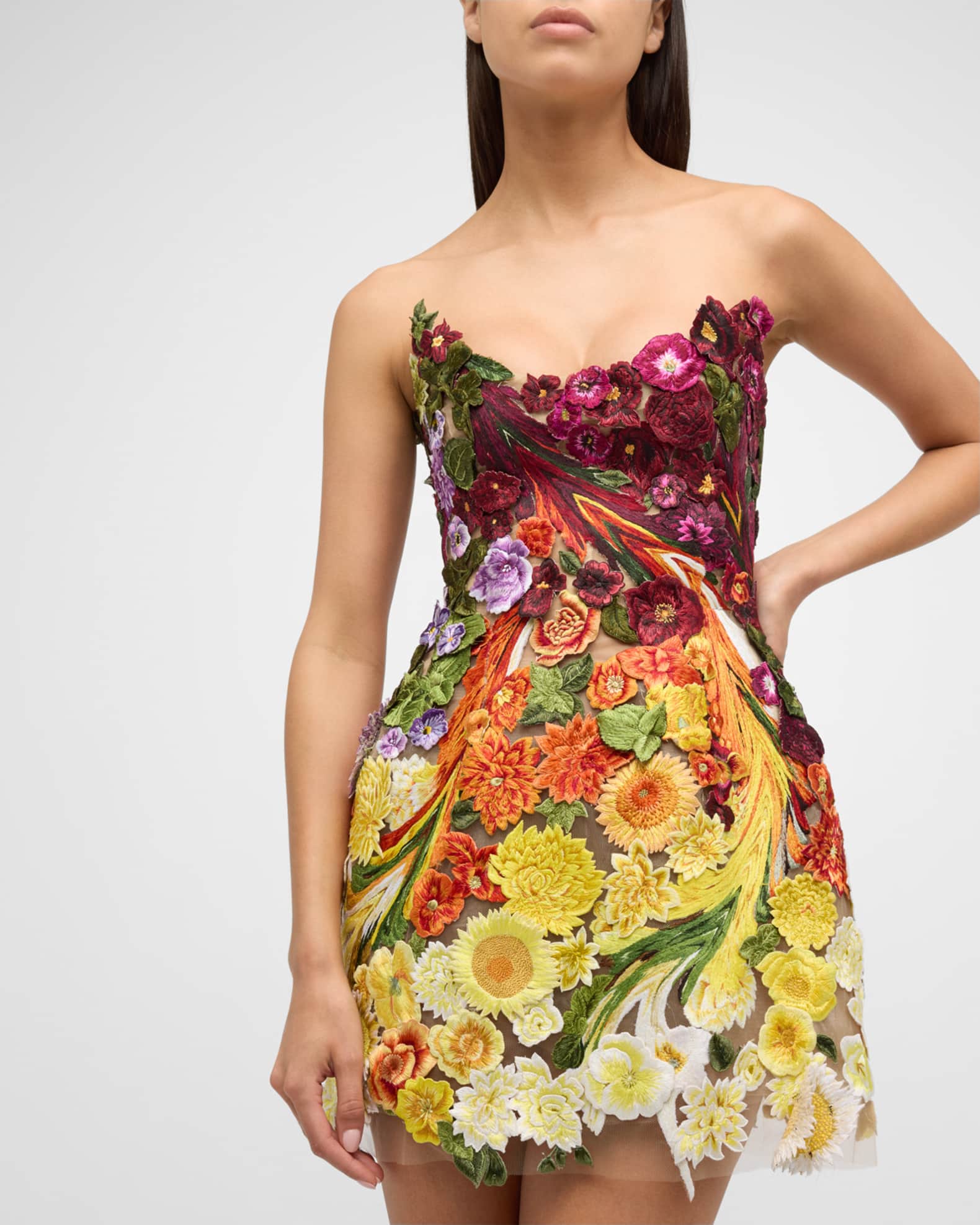 Oscar De La Renta Strapless Floral Embroidered Mini Dress Neiman Marcus