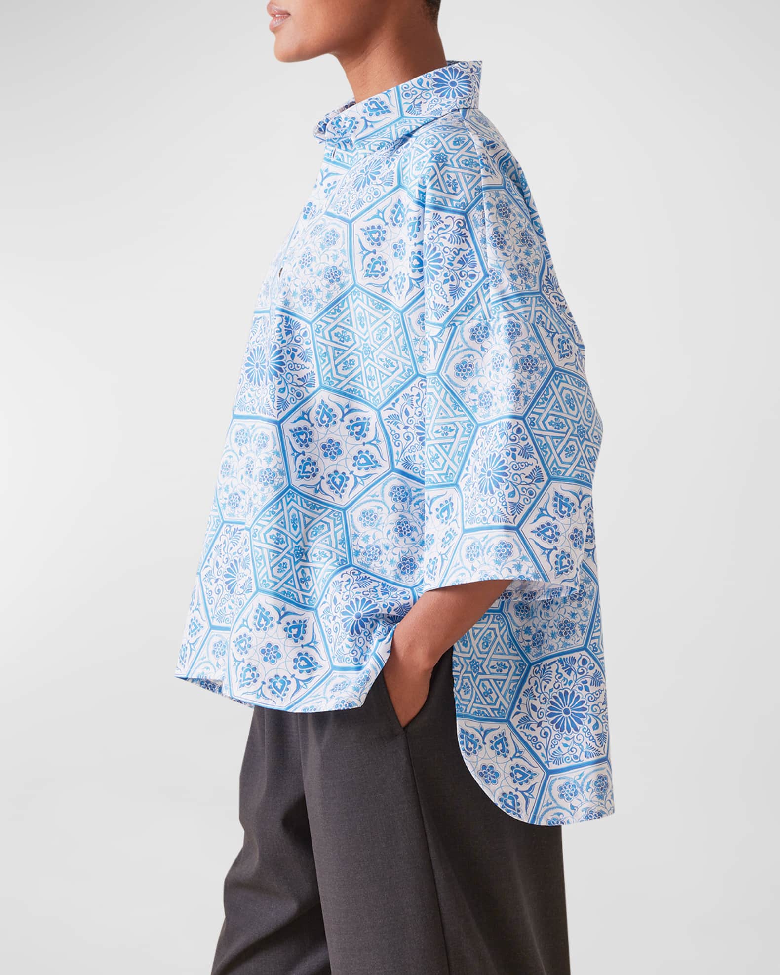 Eskandar Sloped Shoulder Wide A-Line Printed Shirt | Neiman Marcus