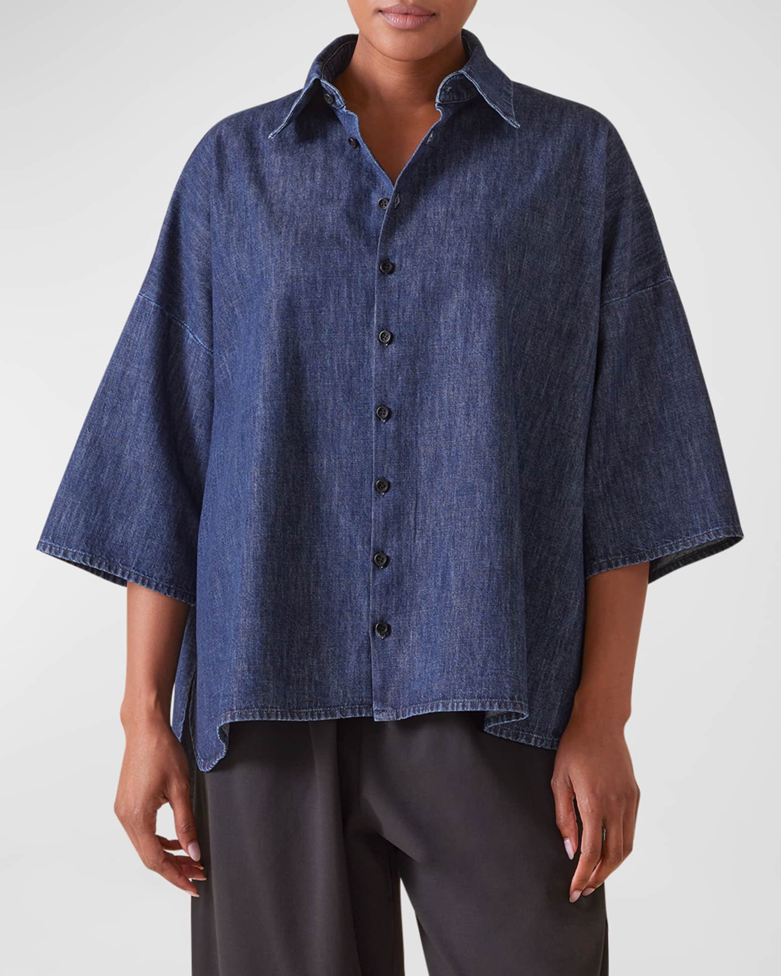 Eskandar Sloped Shoulder Wide A-Line Denim Shirt | Neiman Marcus