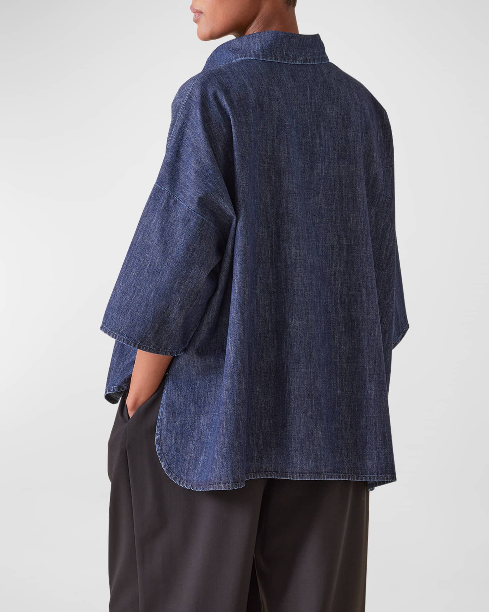 Eskandar Sloped Shoulder Wide A-Line Denim Shirt | Neiman Marcus
