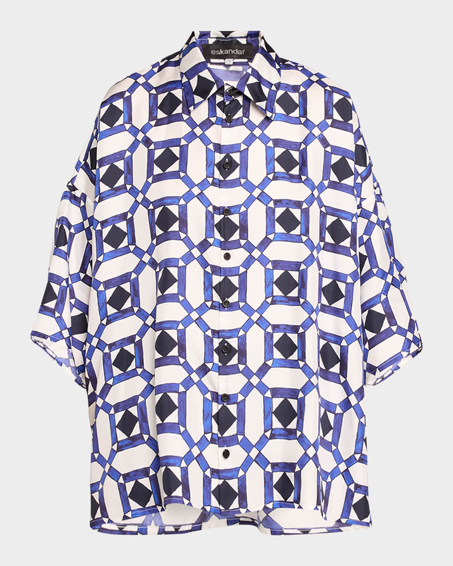Eskandar Sloped Shoulder Wide A-Line Printed Shirt | Neiman Marcus
