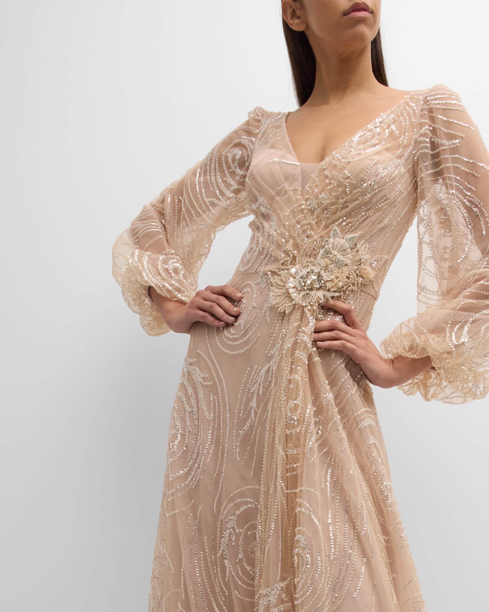 Rickie Freeman for Teri Jon Bead & Sequin Flower-Embellished Tulle Gown ...
