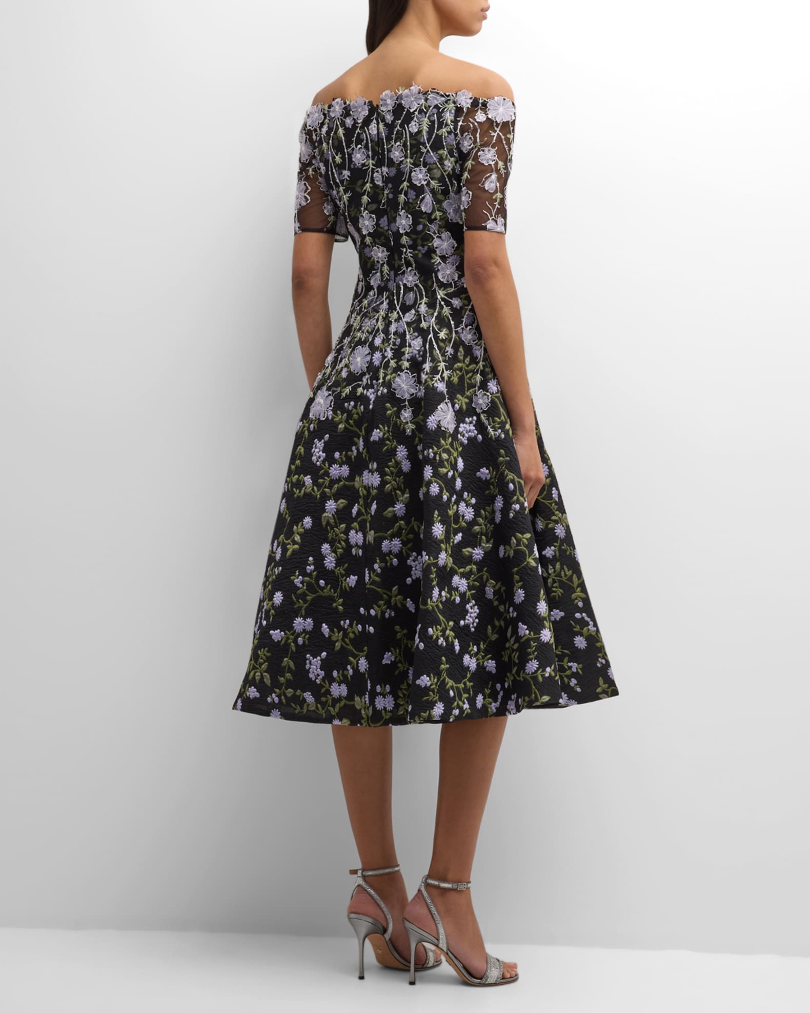 Rickie Freeman for Teri Jon Floral-Embroidered Off-Shoulder Midi Dress ...