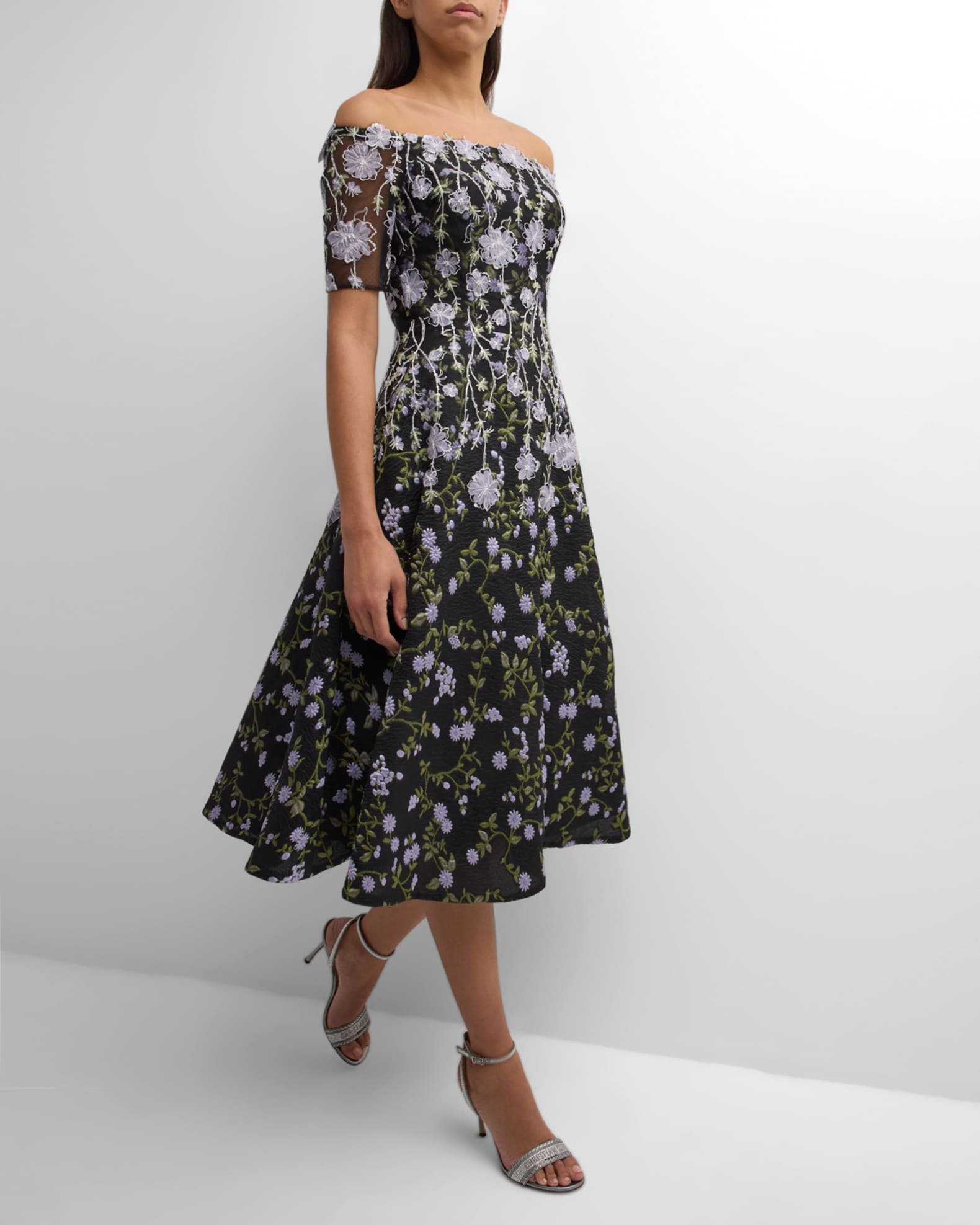 Rickie Freeman for Teri Jon Floral-Embroidered Off-Shoulder Midi Dress ...