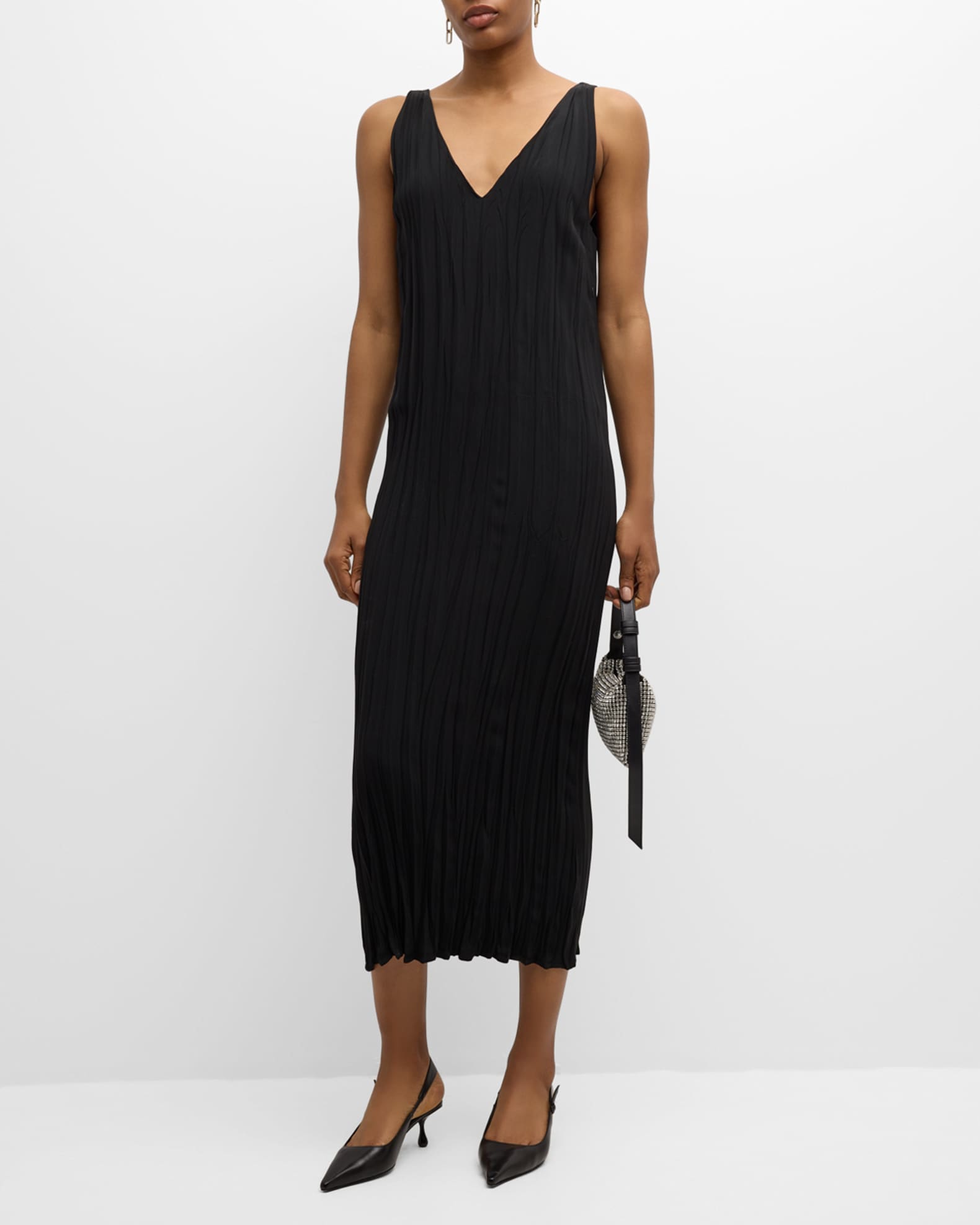 BITE Studios Maisie V-Neck Sleeveless Plisse Midi Dress | Neiman Marcus