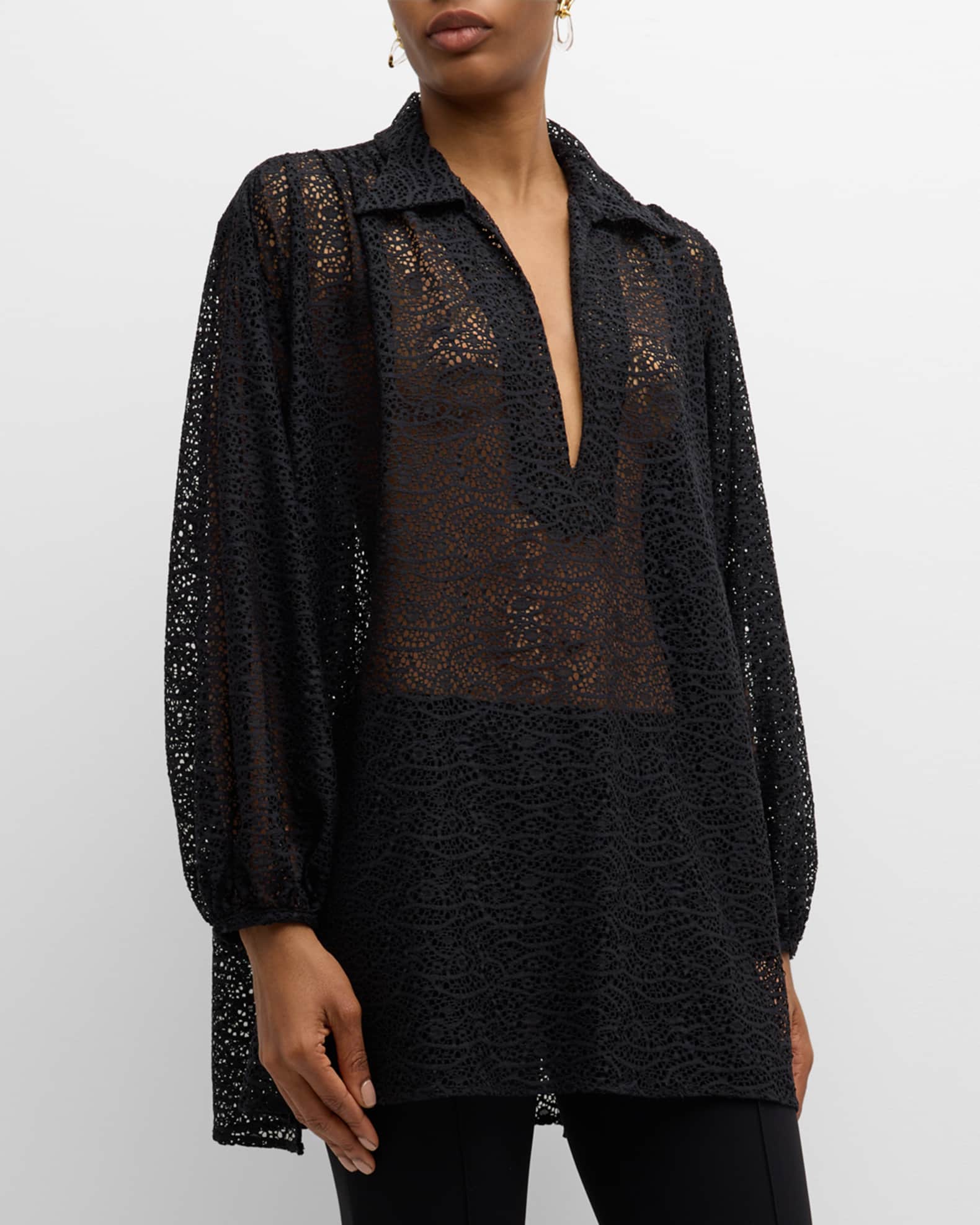BITE Studios Nuancer Summer Long-Sleeve Collared Lace Blouse | Neiman Marcus