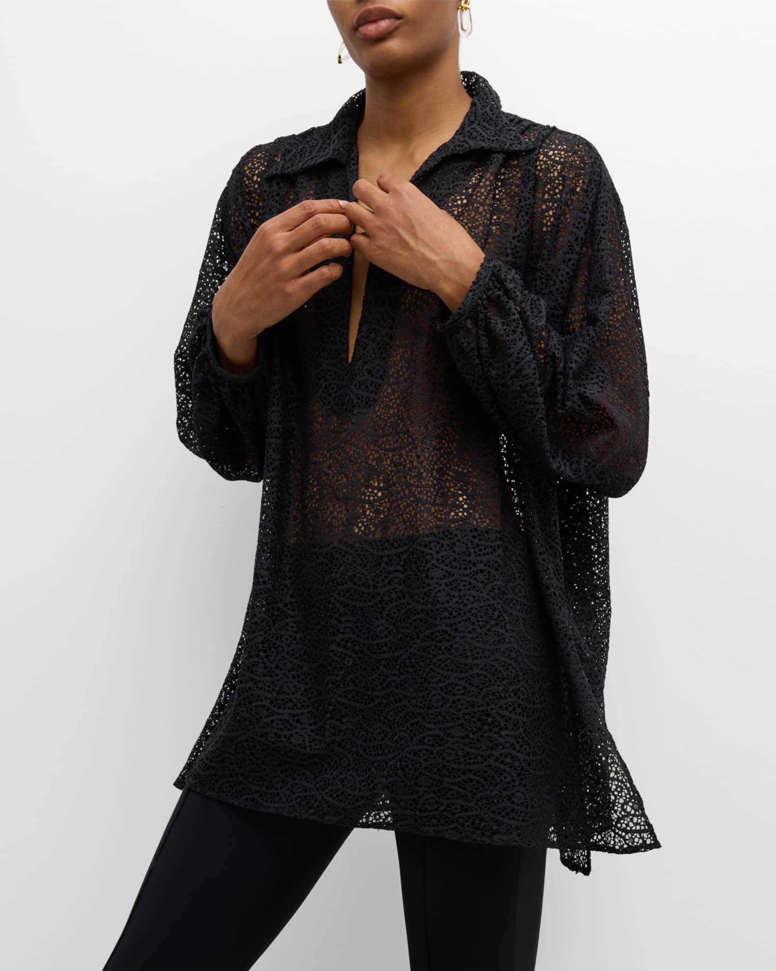 BITE Studios Nuancer Summer Long-Sleeve Collared Lace Blouse | Neiman Marcus