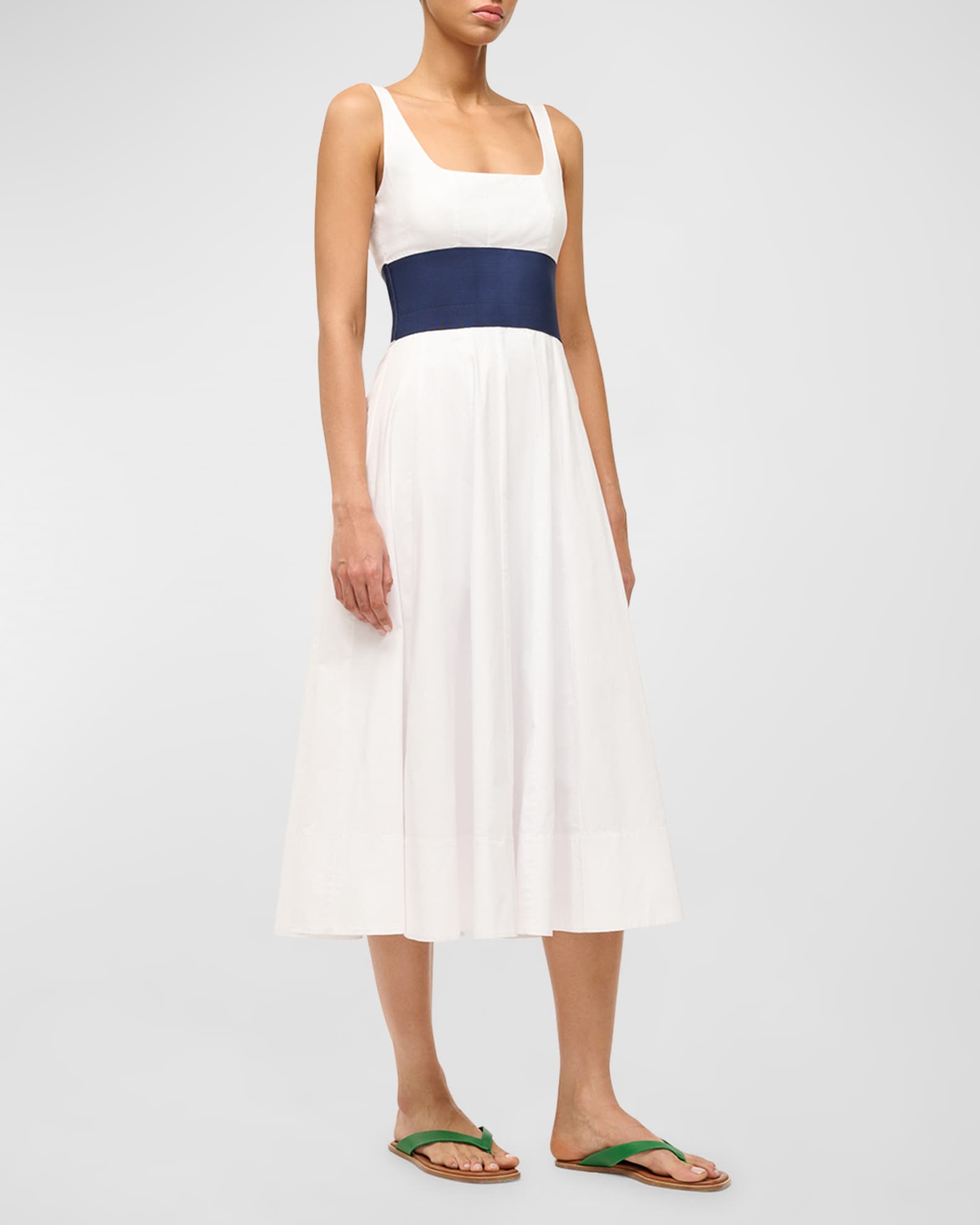 STAUD Rig Cinched Cotton Poplin Sleeveless Midi Dress | Neiman Marcus