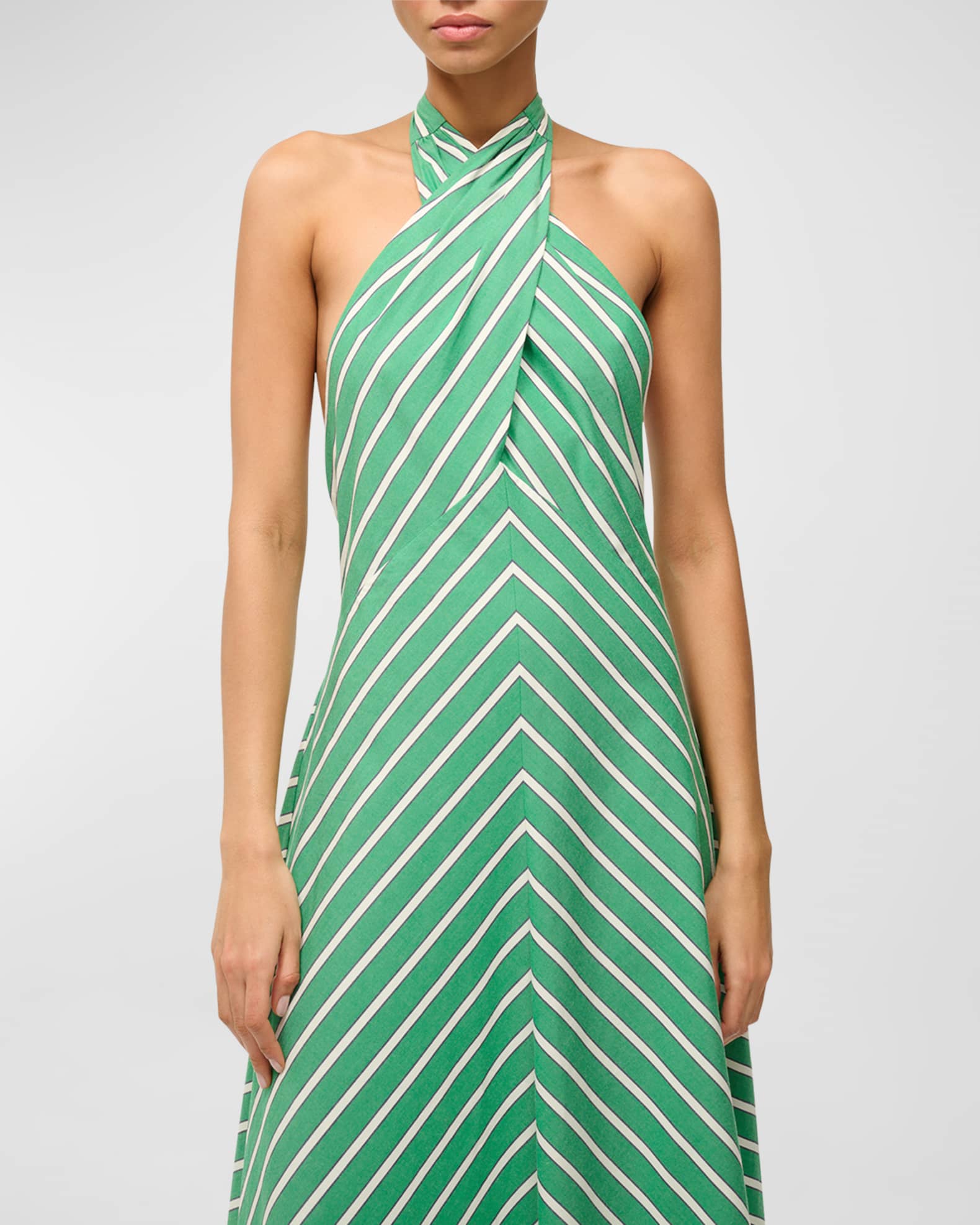 STAUD Dawn Tie-Neck Striped Maxi Crossover Halter Dress | Neiman Marcus
