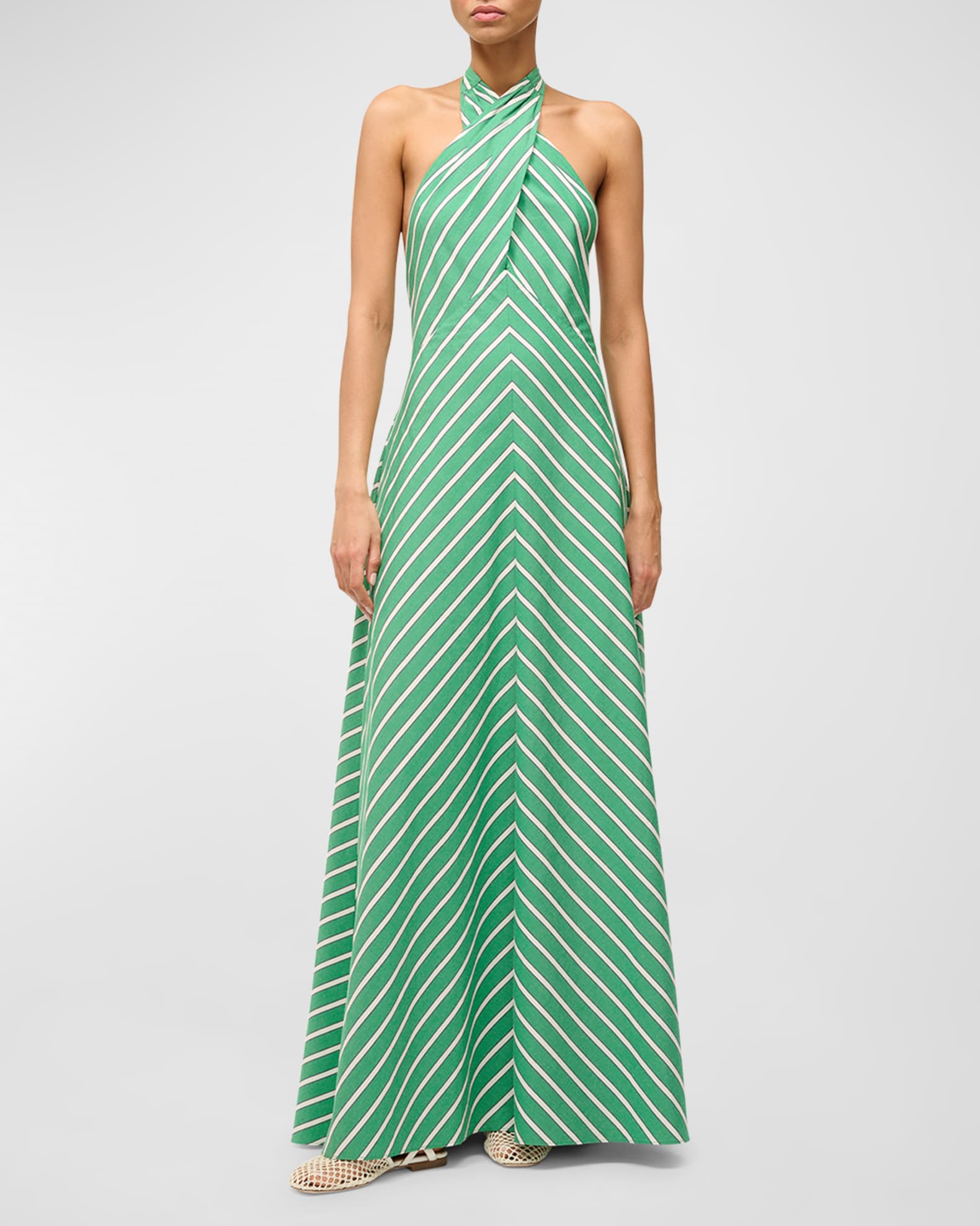 STAUD Dawn Tie-Neck Striped Maxi Crossover Halter Dress | Neiman Marcus