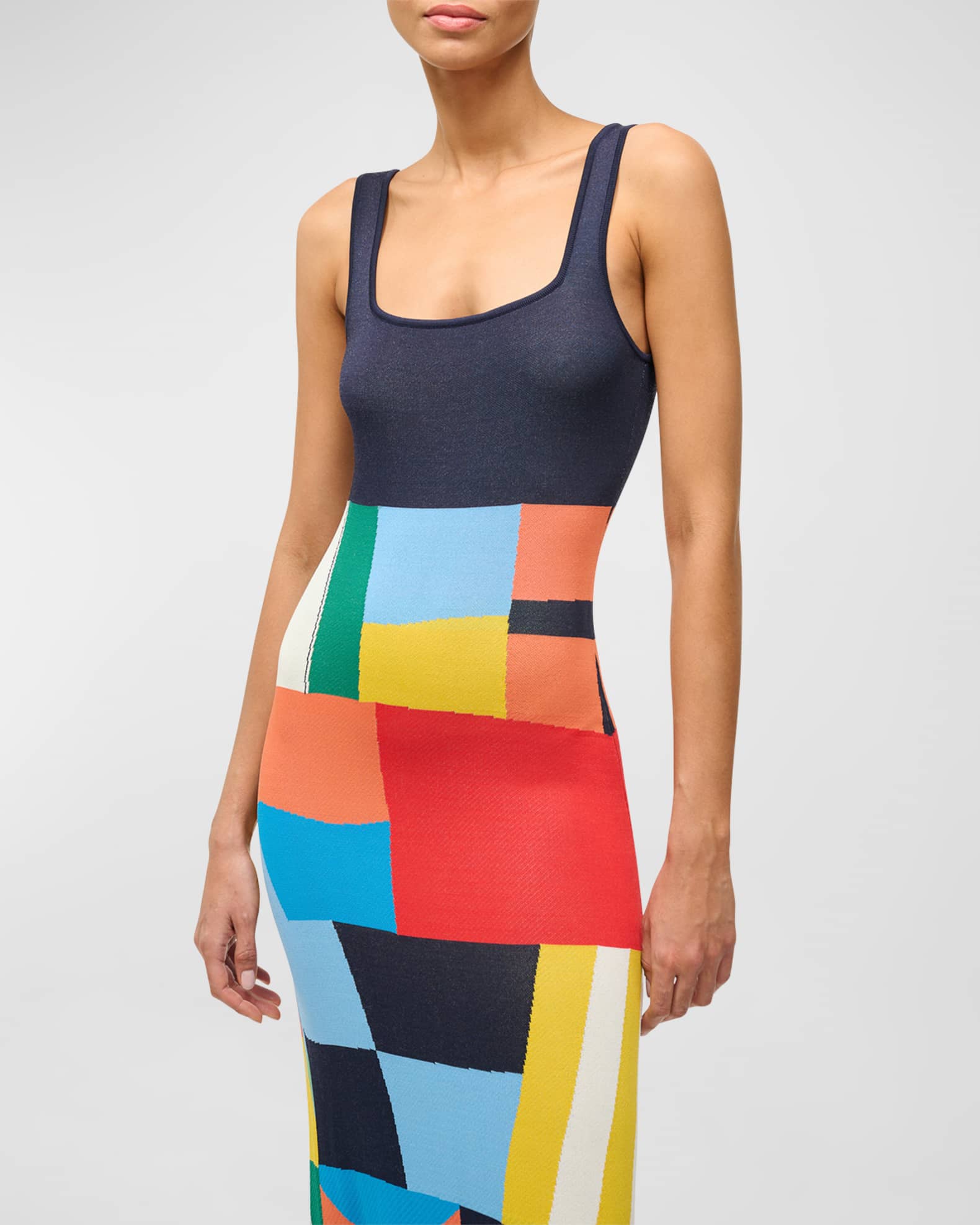 STAUD Katie Colorblock Square-Neck Sheath Midi Dress | Neiman Marcus
