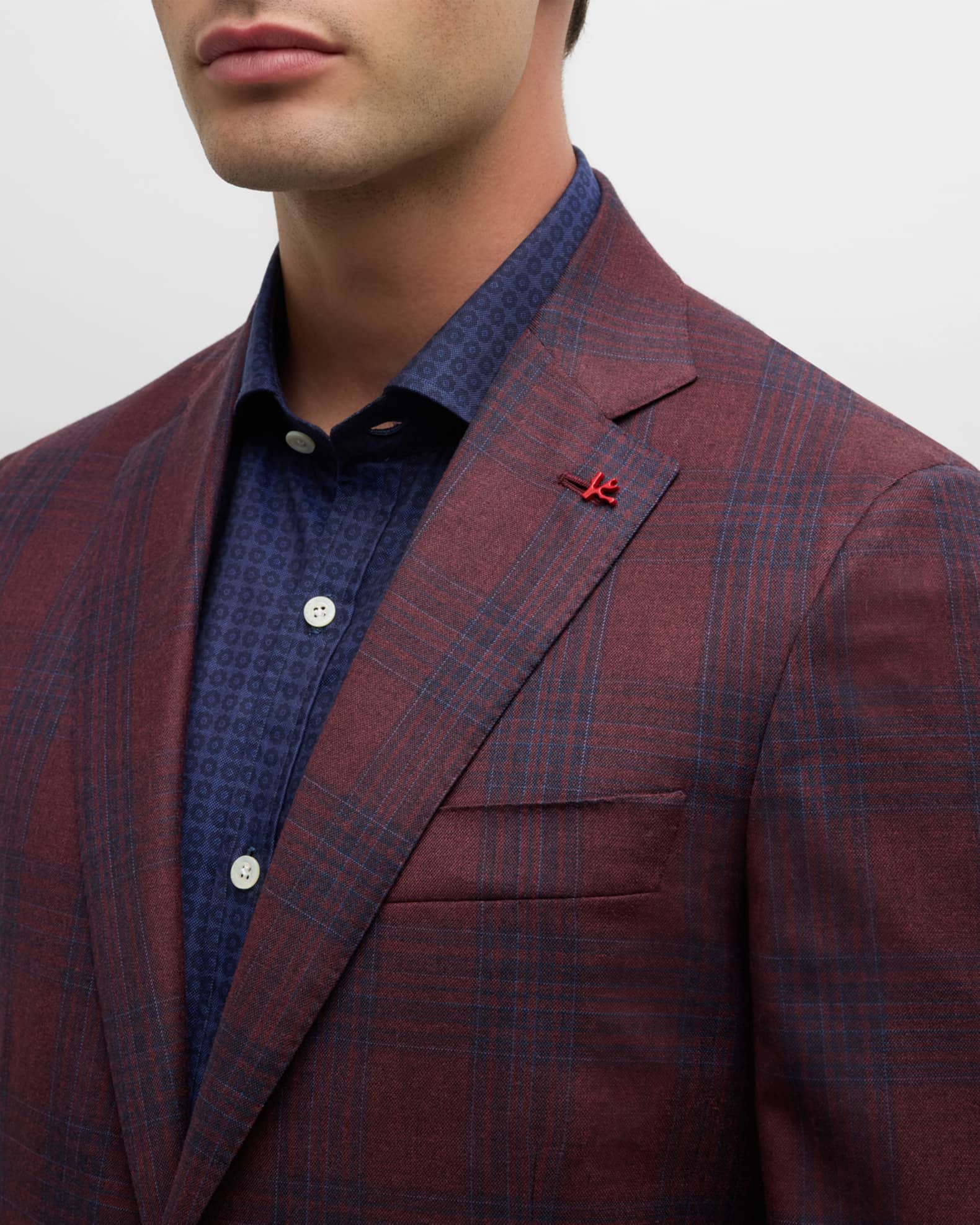 Isaia Men's Burgundy Plaid Check Sports Jacket | Neiman Marcus