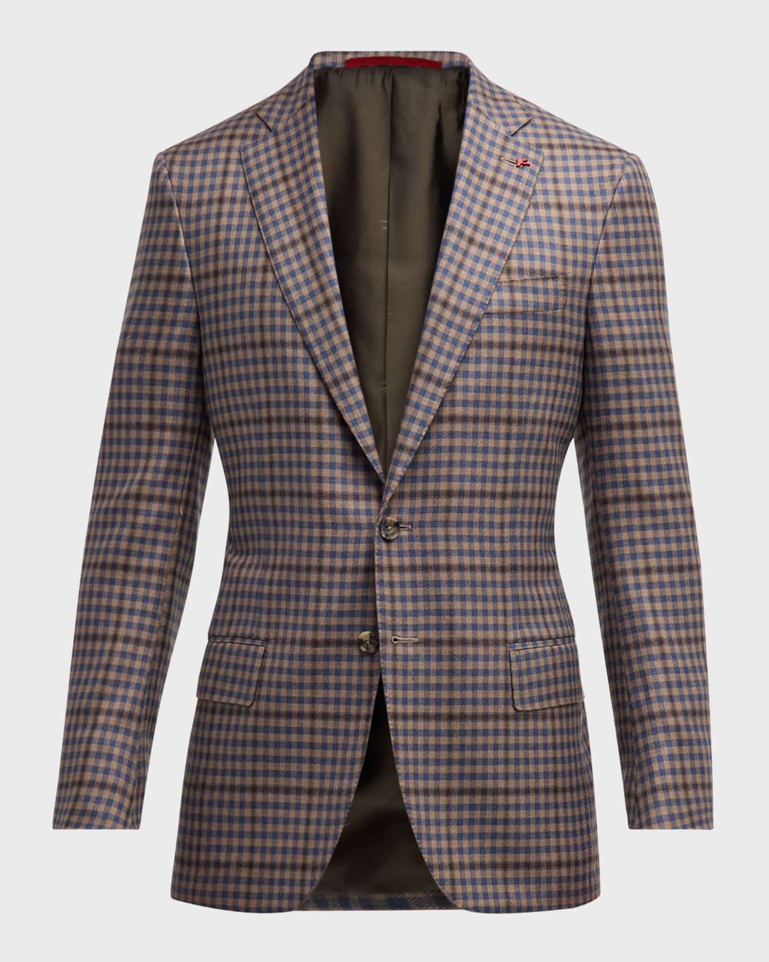 Isaia Men's Tan and Blue Gingham Check Sport Jacket | Neiman Marcus