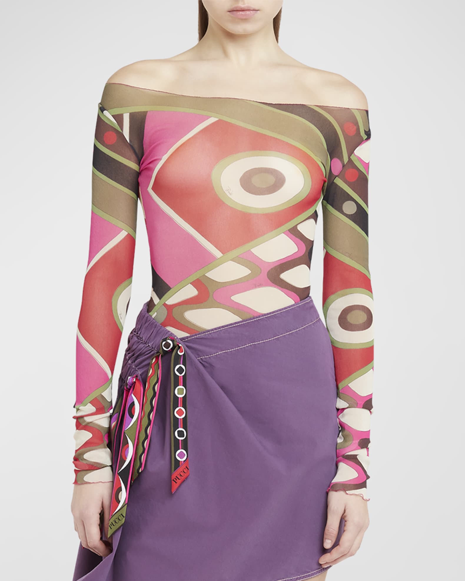 Emilio Pucci Abstract-Print Off-The-Shoulder Long-Sleeve Mesh T-Shirt | Neiman Marcus