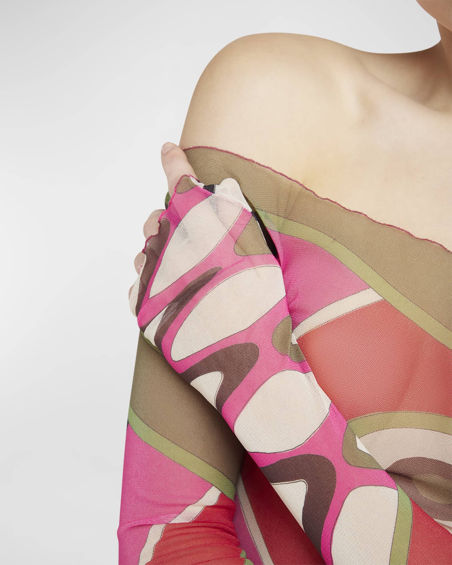 Emilio Pucci Abstract-Print Off-The-Shoulder Long-Sleeve Mesh T-Shirt | Neiman Marcus