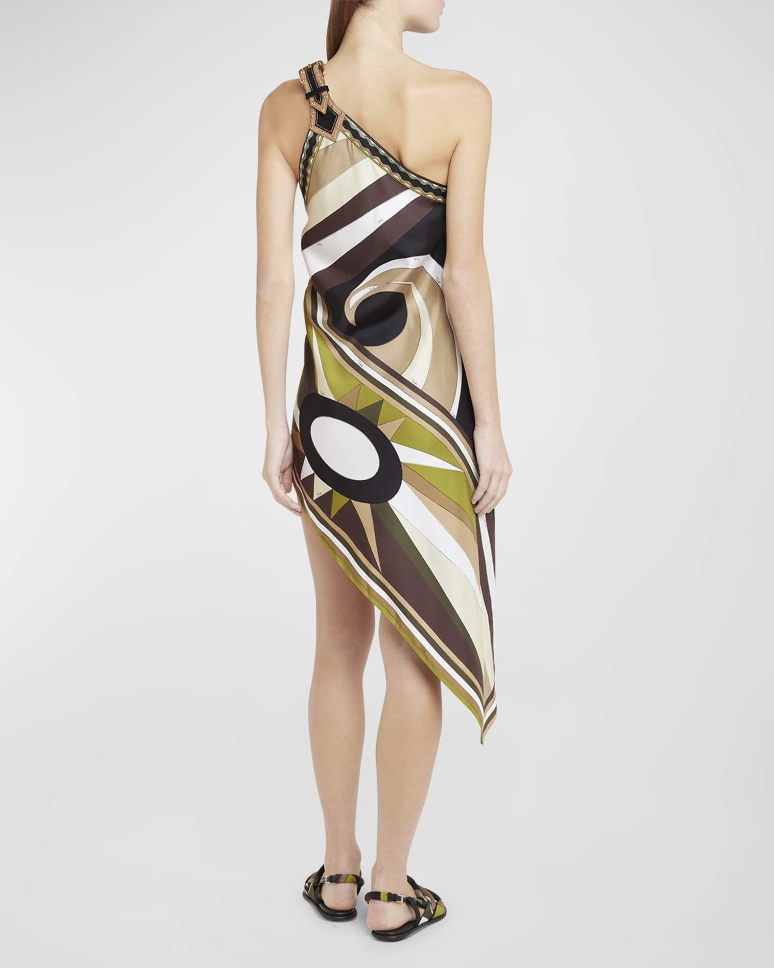 Emilio Pucci Swirl-Print One-Shoulder Buckle High-Low Scarf Dress ...
