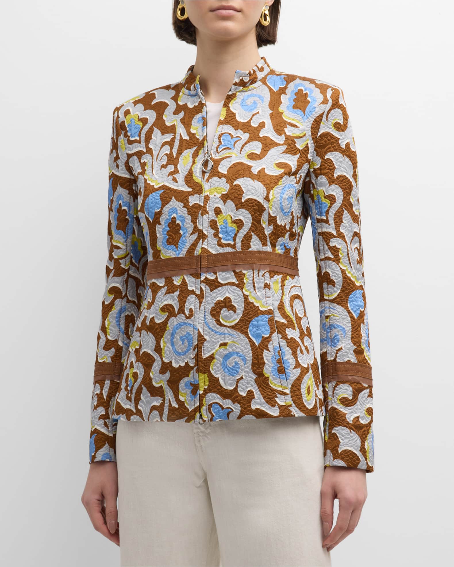 St. John Western Paisley-Print Cloque Jacquard Zip Jacket | Neiman Marcus
