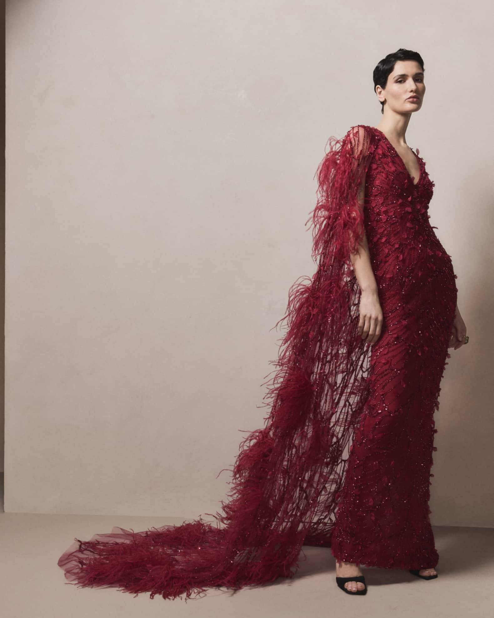 Pamella Roland Raspberry Sequined Feather-Trim Cape Column Gown ...