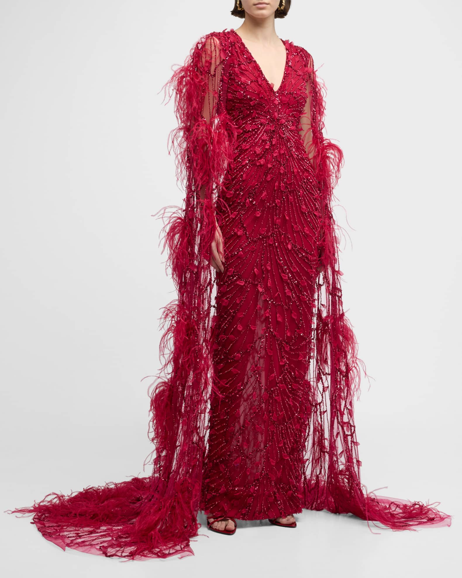 Pamella Roland Raspberry Sequined Feather-Trim Cape Column Gown ...