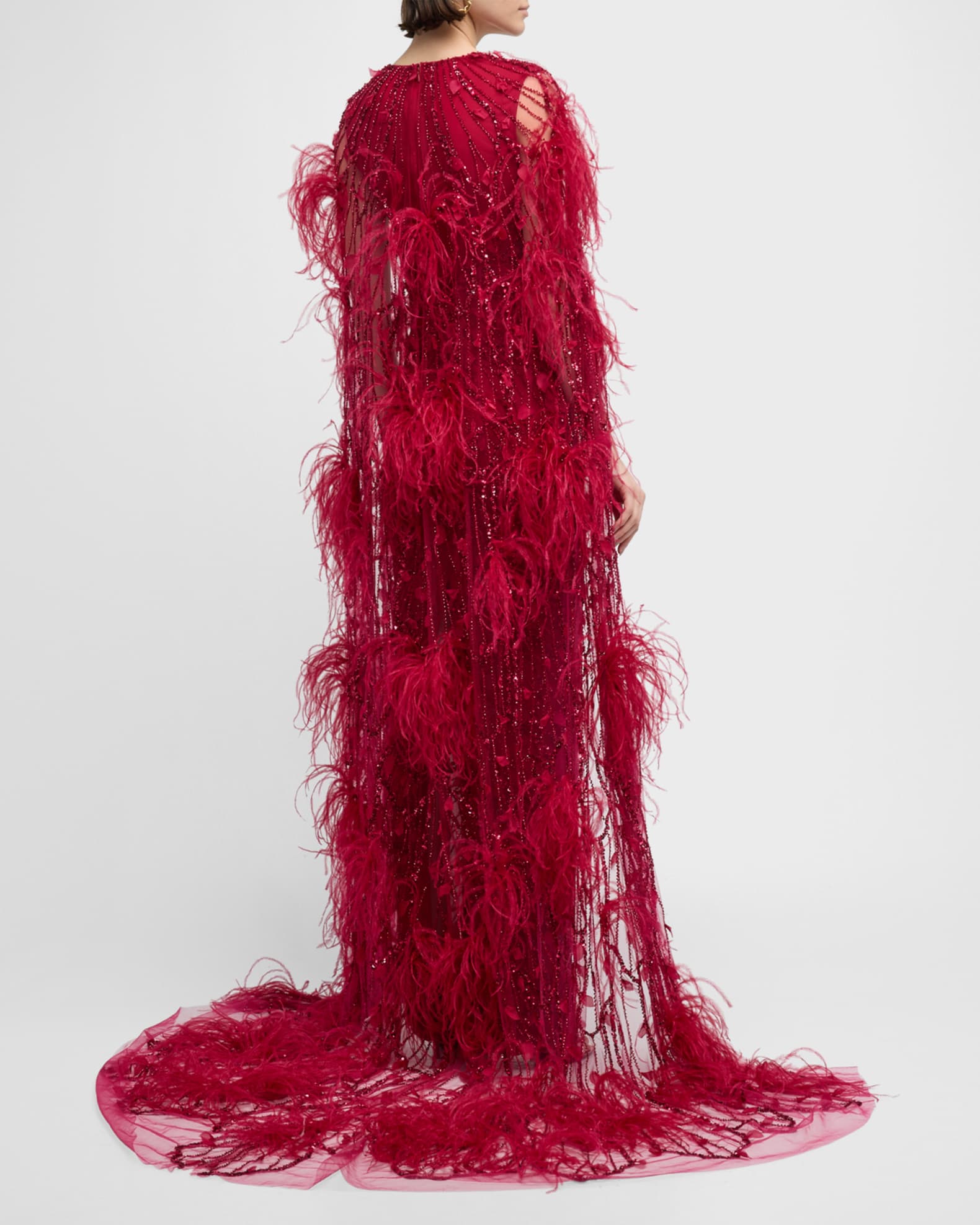 Pamella Roland Raspberry Sequined Feather-Trim Cape Column Gown ...