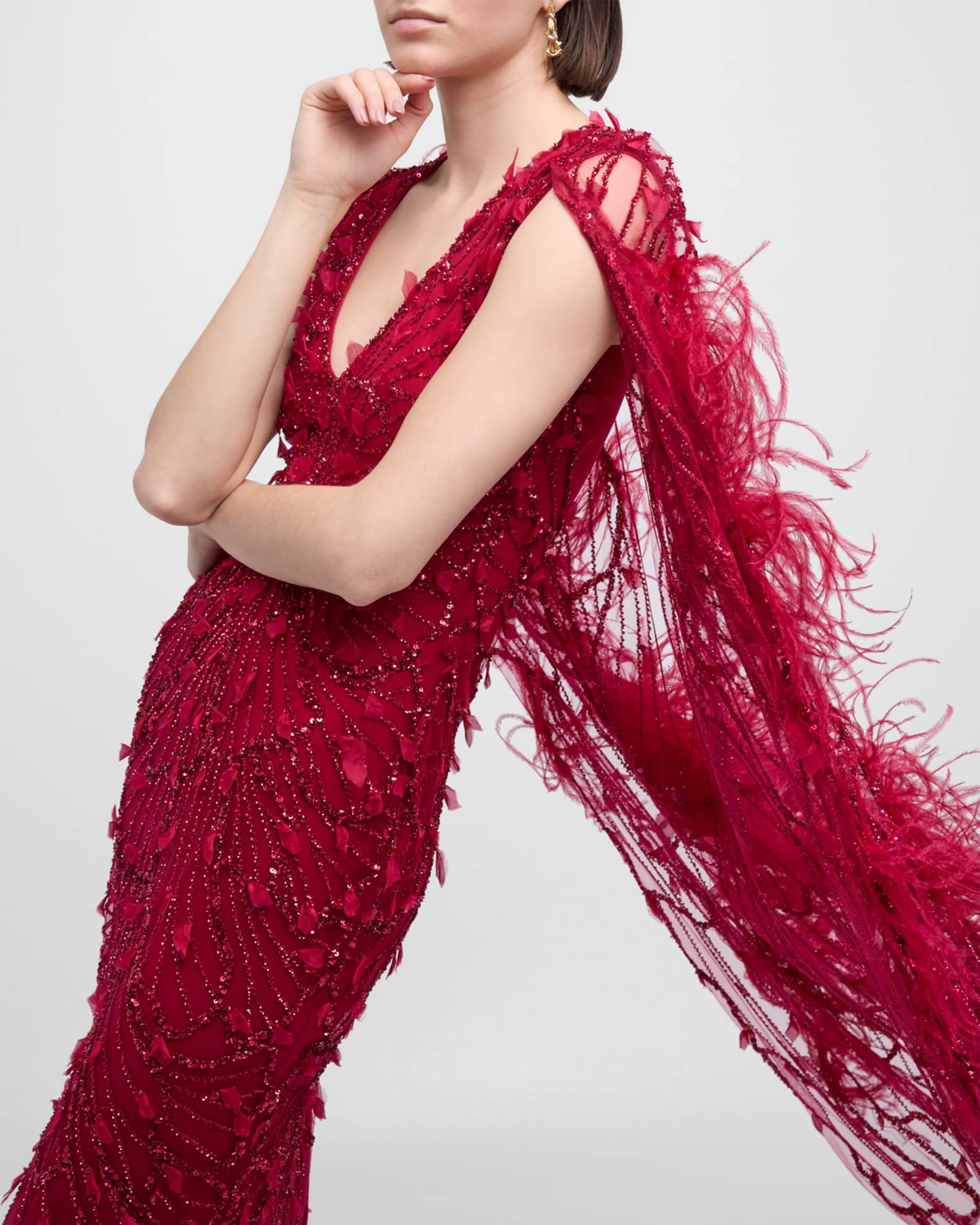 Pamella Roland Raspberry Sequined Feather-Trim Cape Column Gown ...