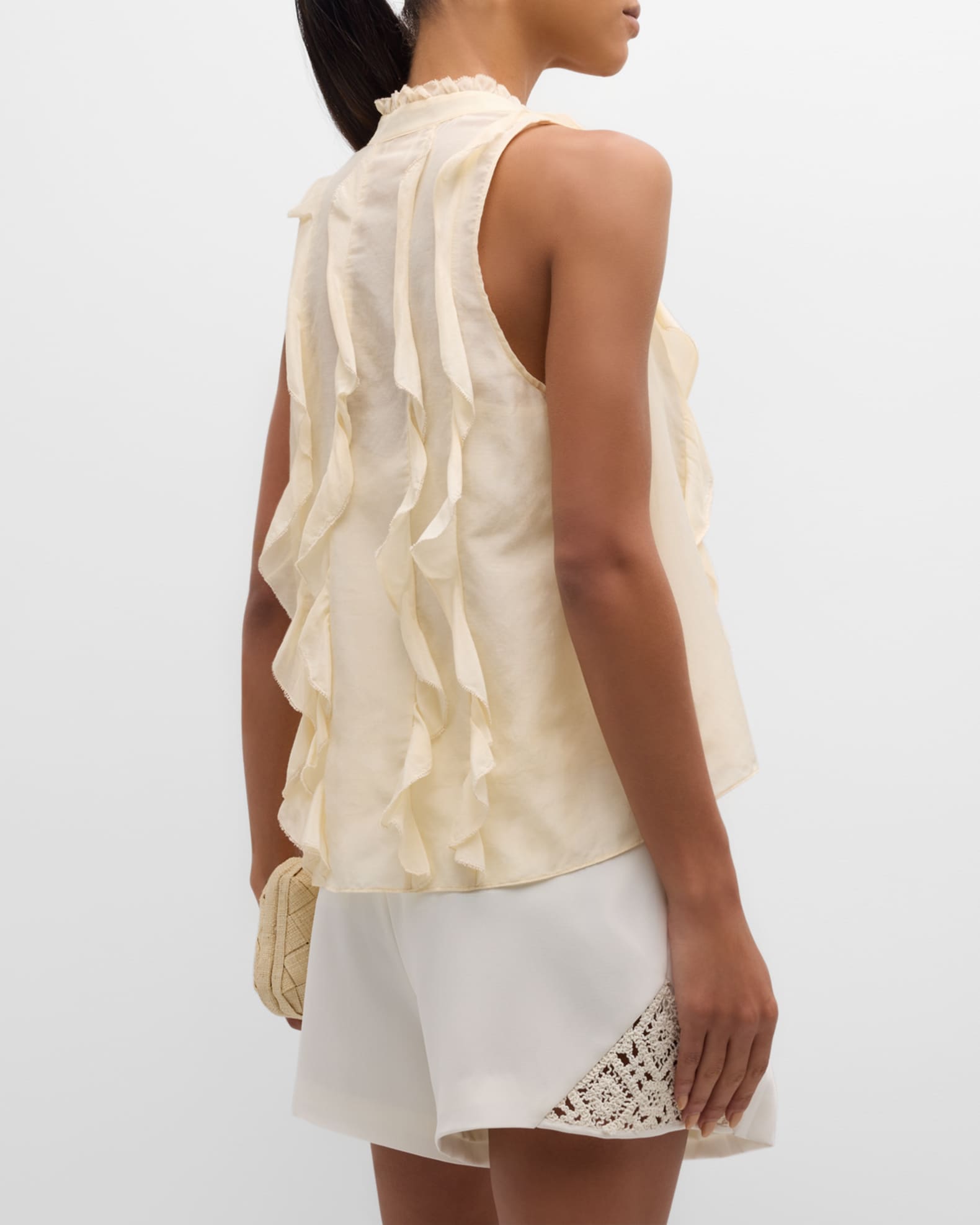 Cinq a Sept Dallin Ruffled Tie-Neck Sleeveless Cotton Silk Top | Neiman Marcus