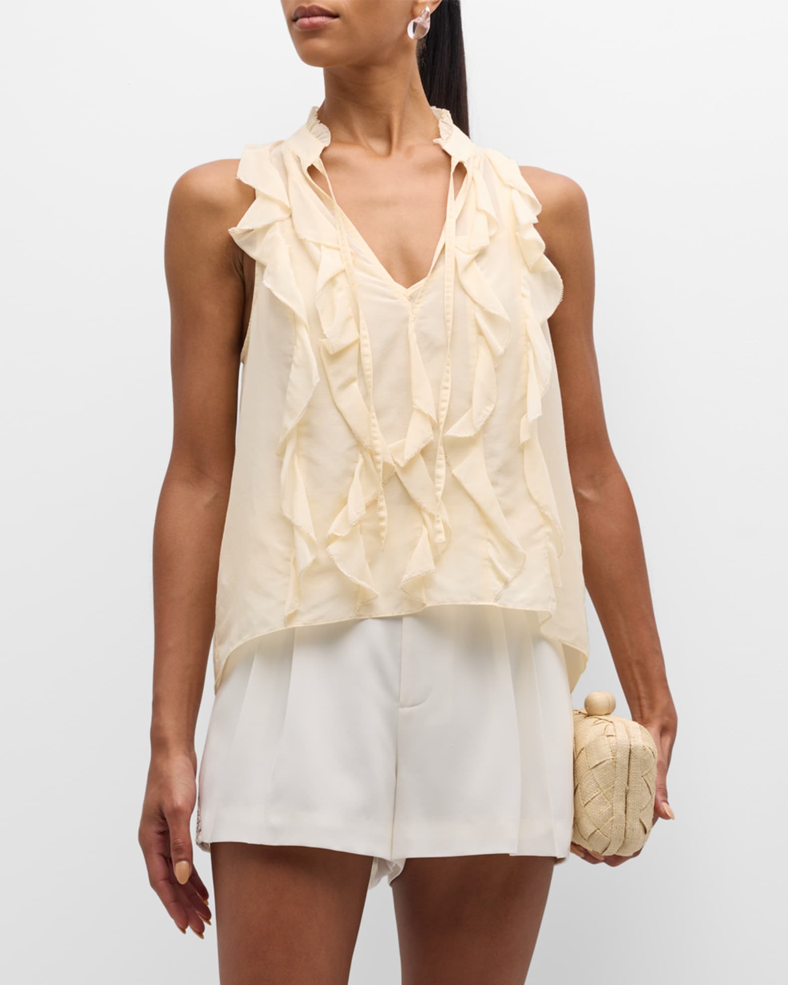 Cinq a Sept Dallin Ruffled Tie-Neck Sleeveless Cotton Silk Top | Neiman Marcus