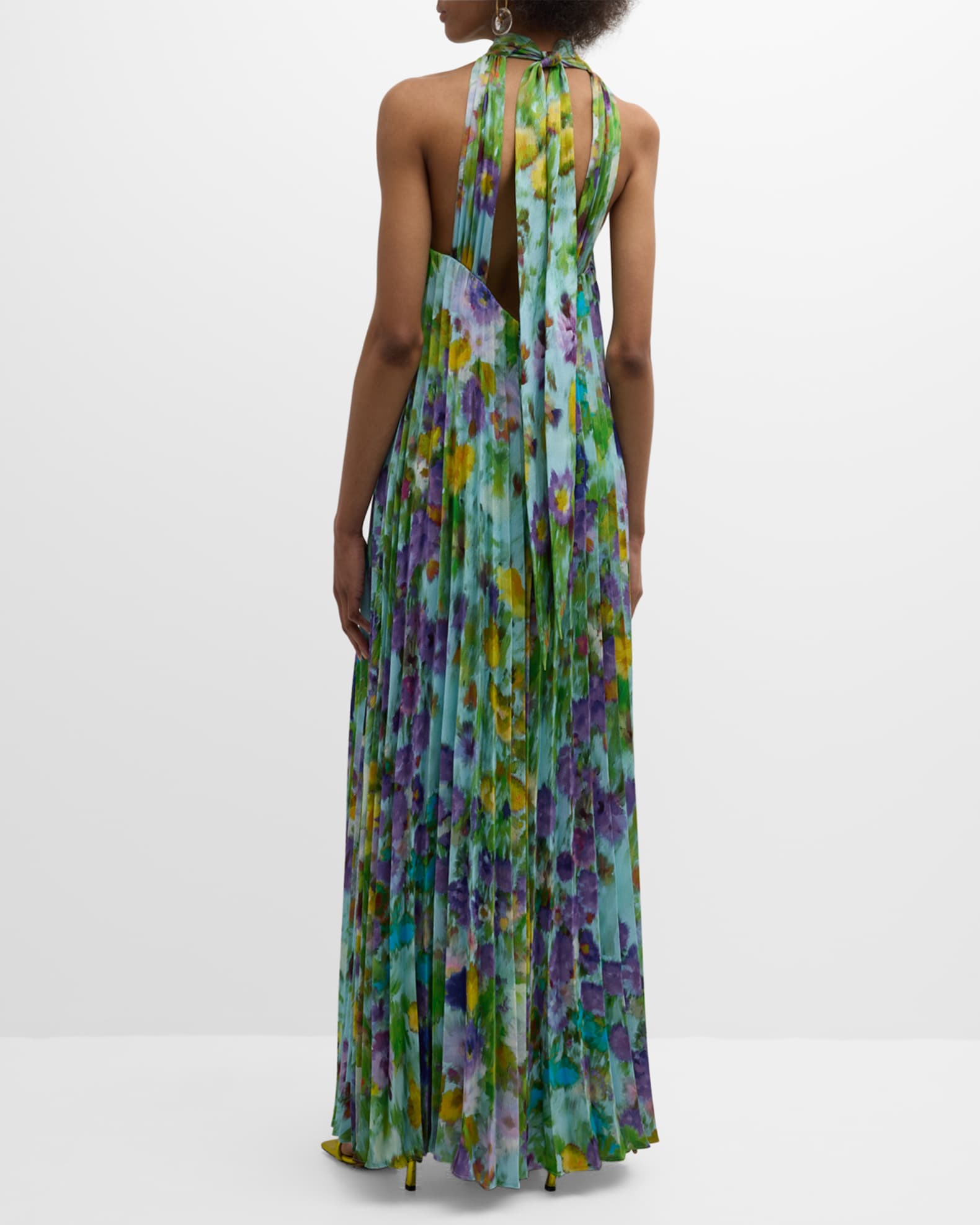 Ungaro Pleated Floral-Print Satin Halter Gown | Neiman Marcus