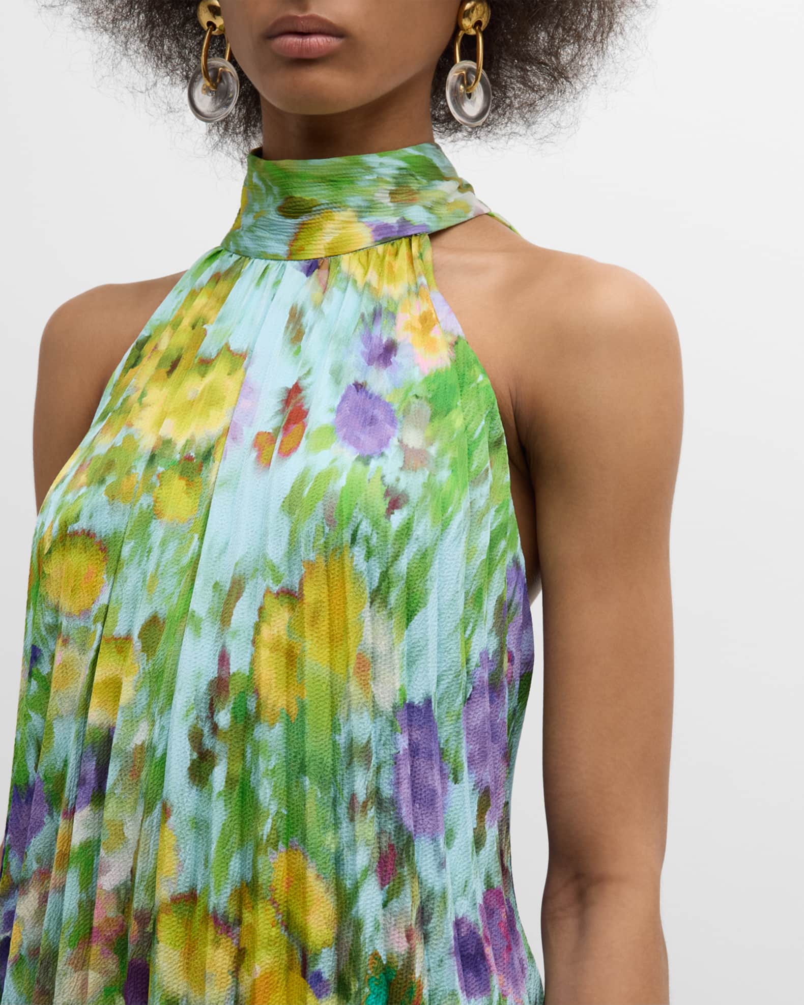 Ungaro Pleated Floral-Print Satin Halter Gown | Neiman Marcus