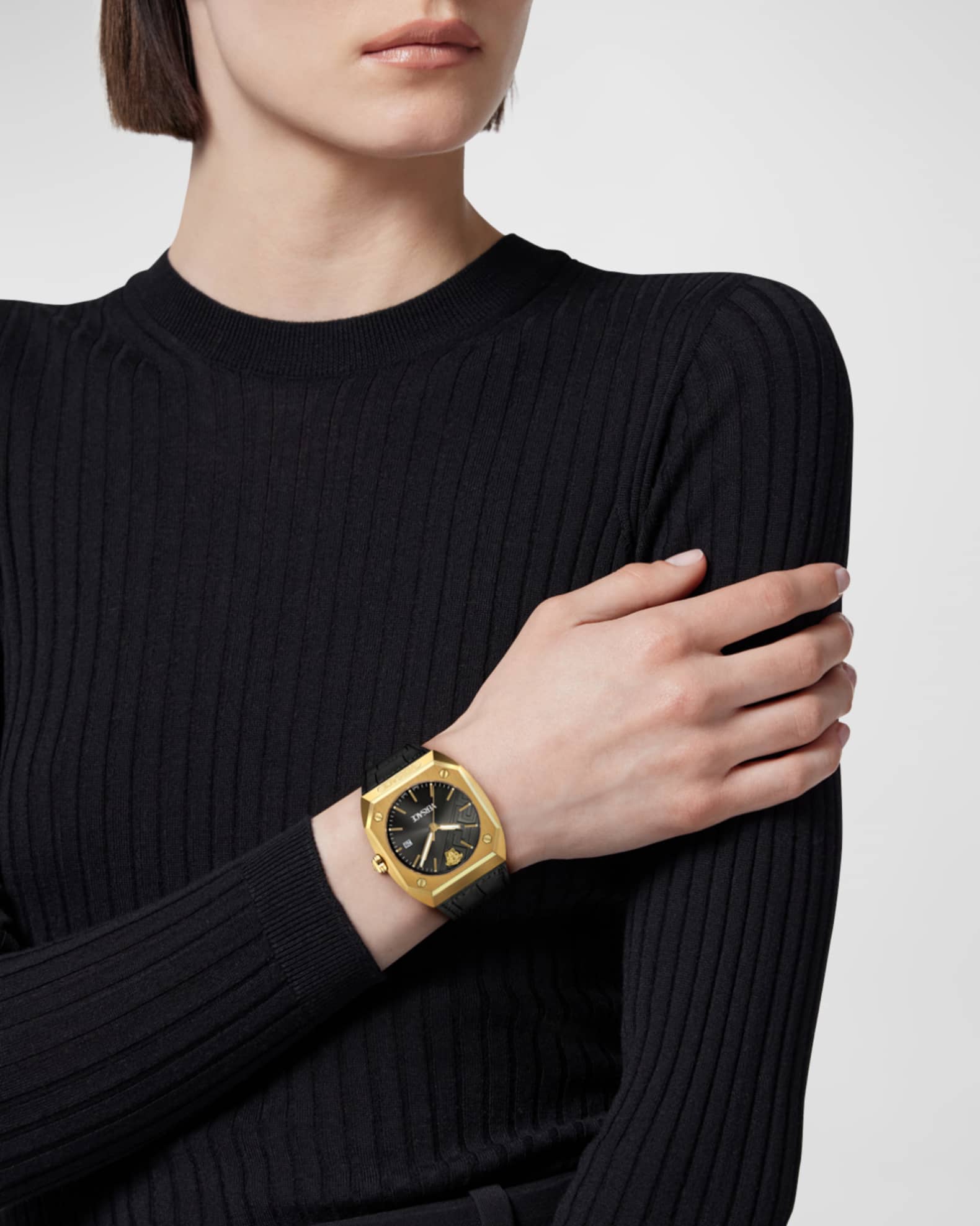 Versace Men's Antares IP Yellow Gold Leather-Strap Watch, 44x41.5mm ...