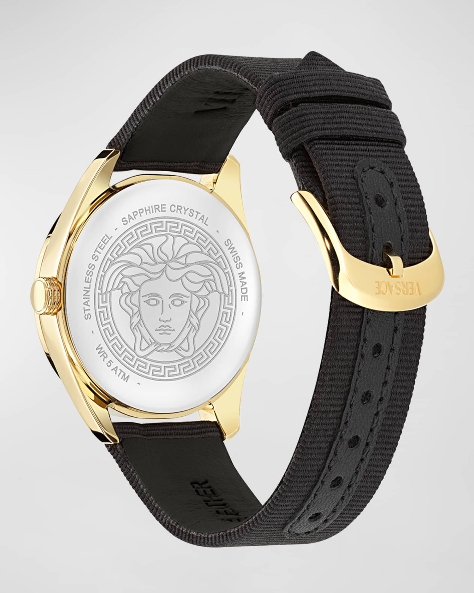 Versace V-Circle 36mm IP Yellow Gold Watch With Grosgrain Strap, Black ...